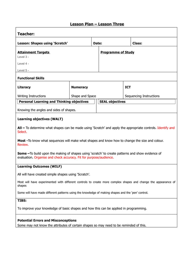 Lesson three plan | DOC | Programming Languages | Computing