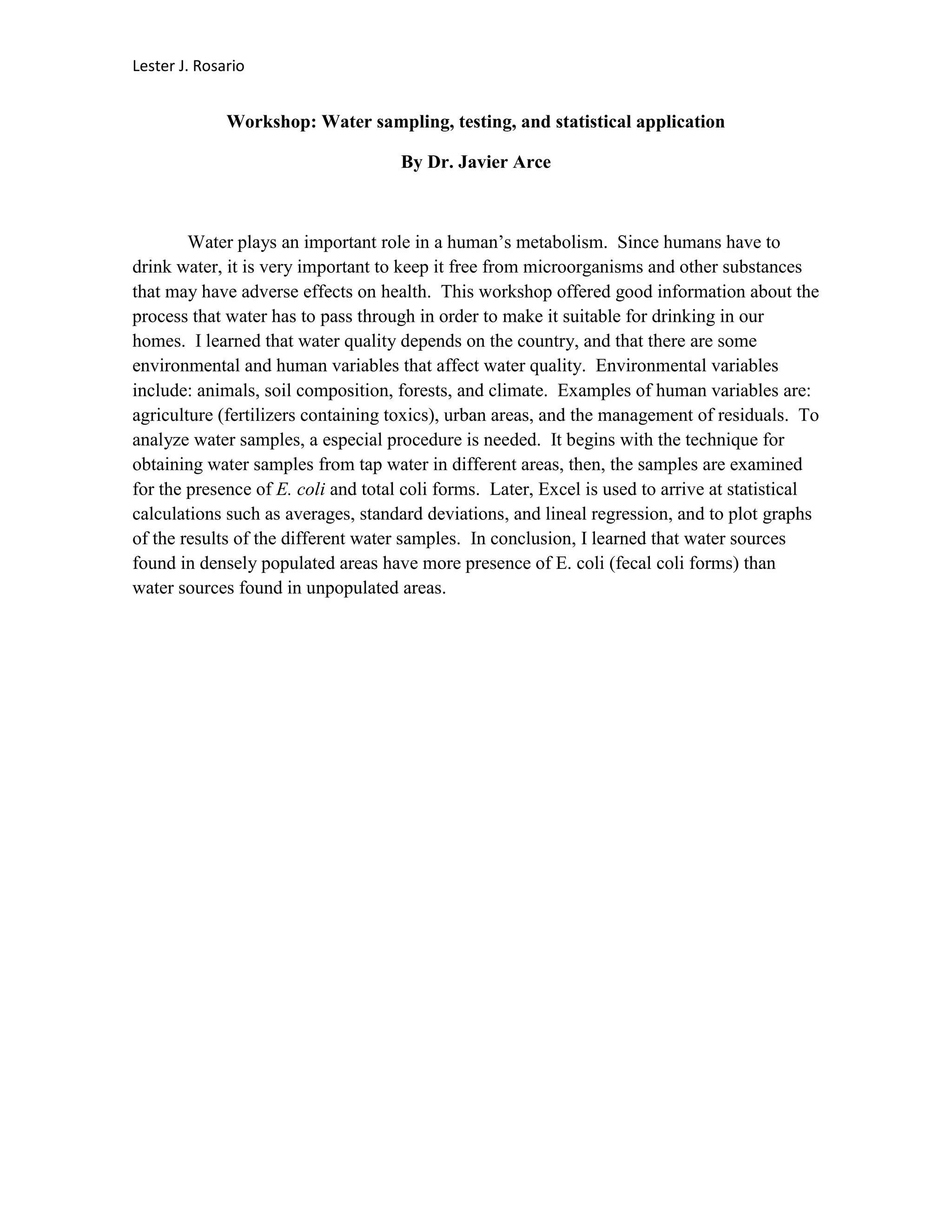 Water sampling, testing, and statistical application | PDF