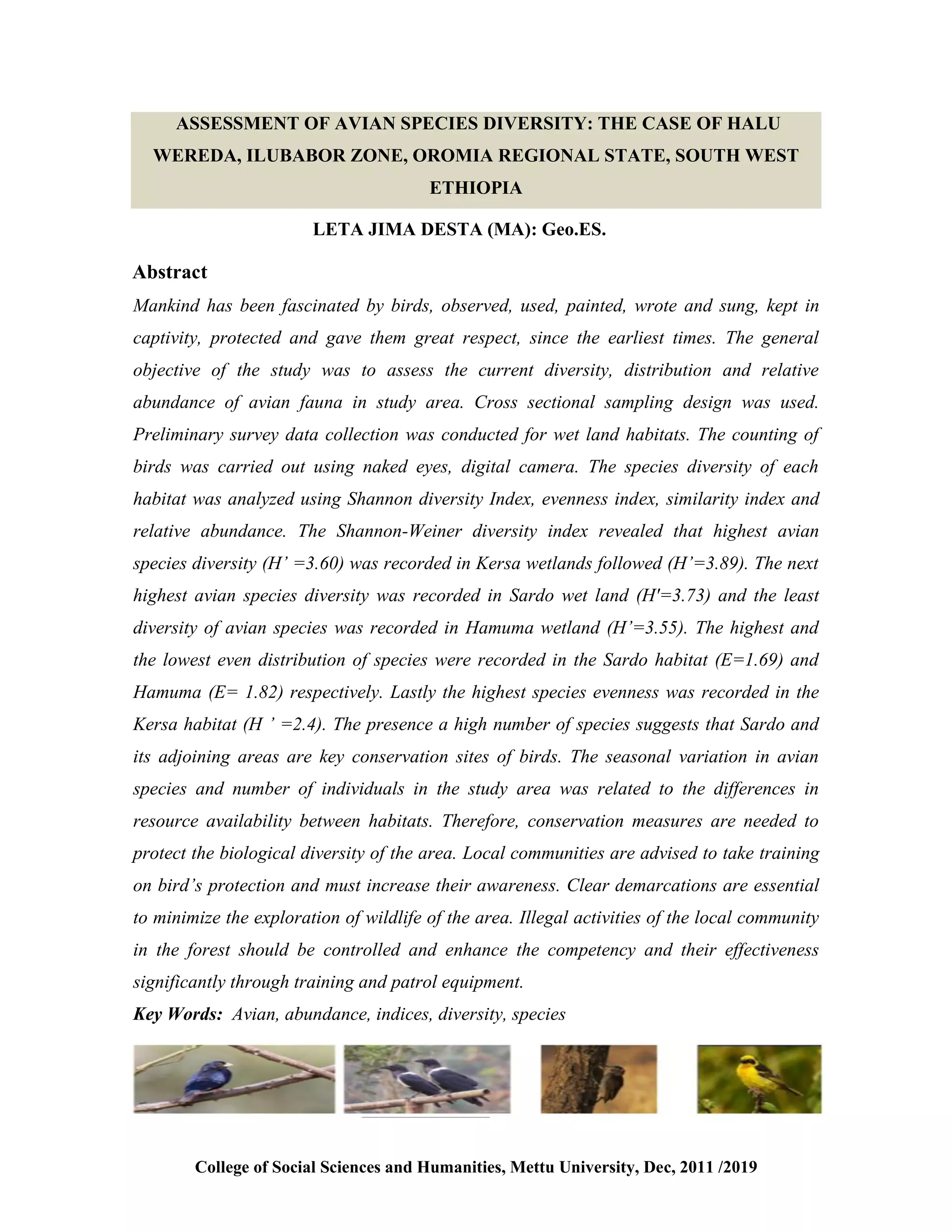 ASSESSMENT OF AVIAN SPECIES DIVERSITY: THE CASE OF HALU WEREDA ...