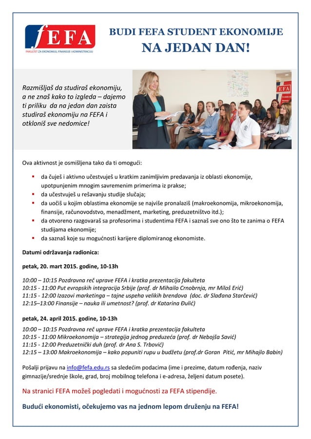 Radionica za srednjoškolce, Budi FEFA student ekonomije na jedan dan ...