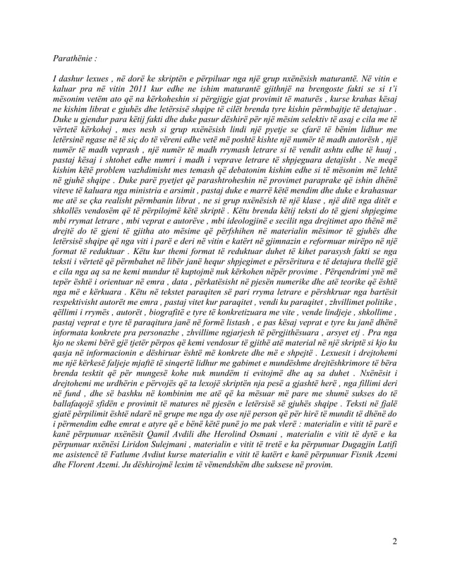 Letersia e Gjuhes Shqipe e reduktuar per provim mature | PDF