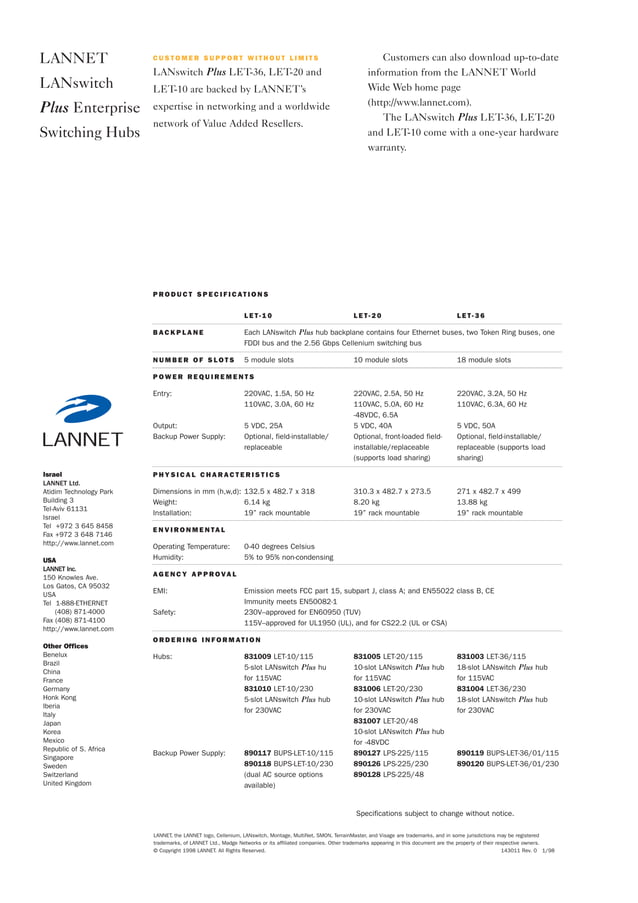 LANNET LANswitch Plus LET-36/20/10 Enterprise Switching Hubs | PDF