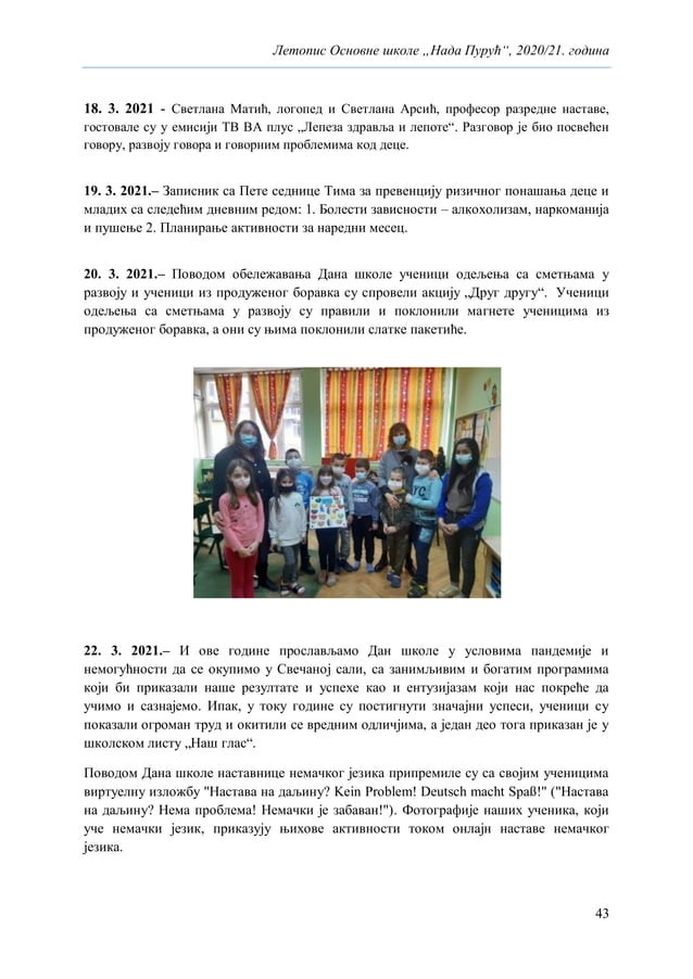 Letopis OŠ "Nada Purić" Valjevo 2020/2021. | PDF