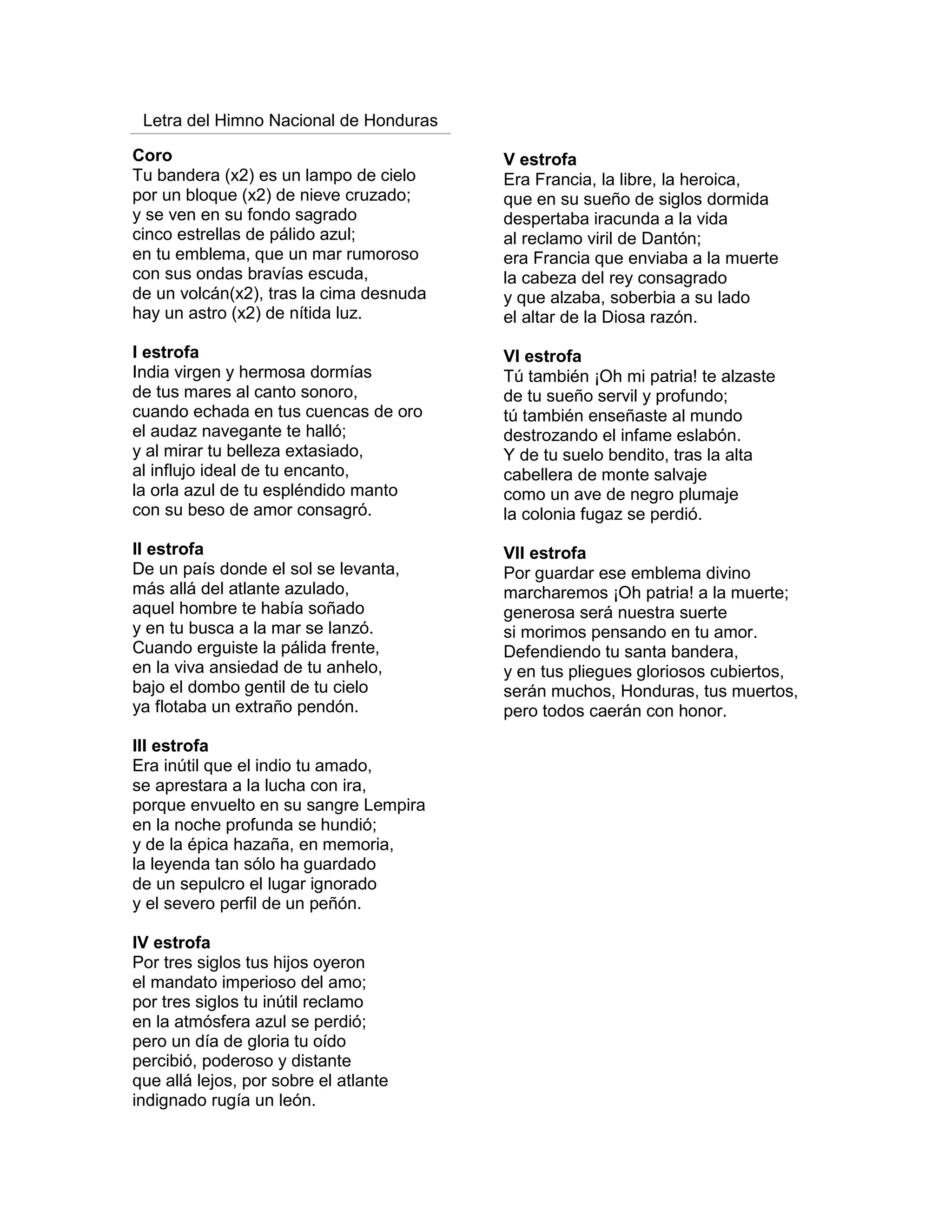 Letra del himno nacional de honduras | DOCX