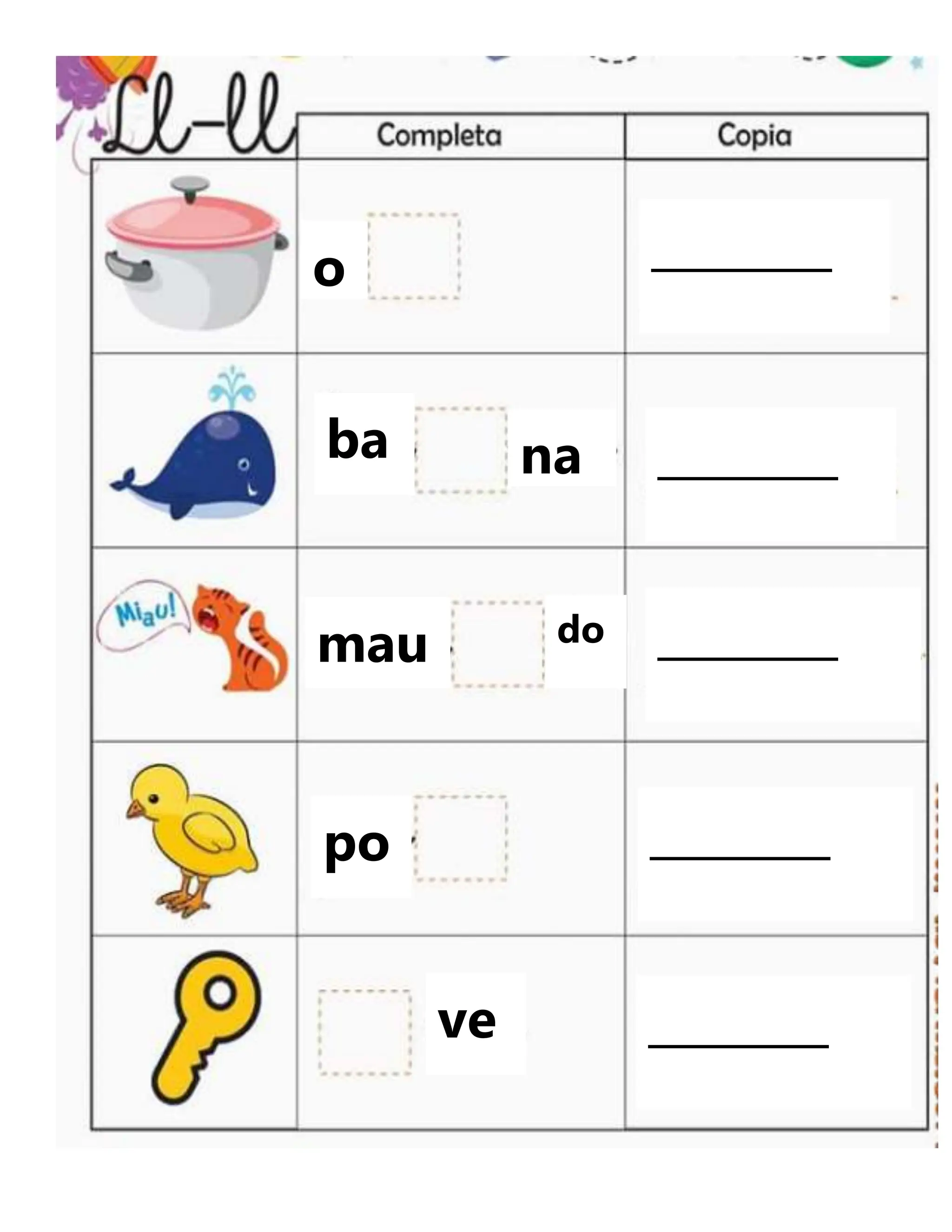 Ejercicios con la letra LL-ll para niños de primer grado en proceso de ...