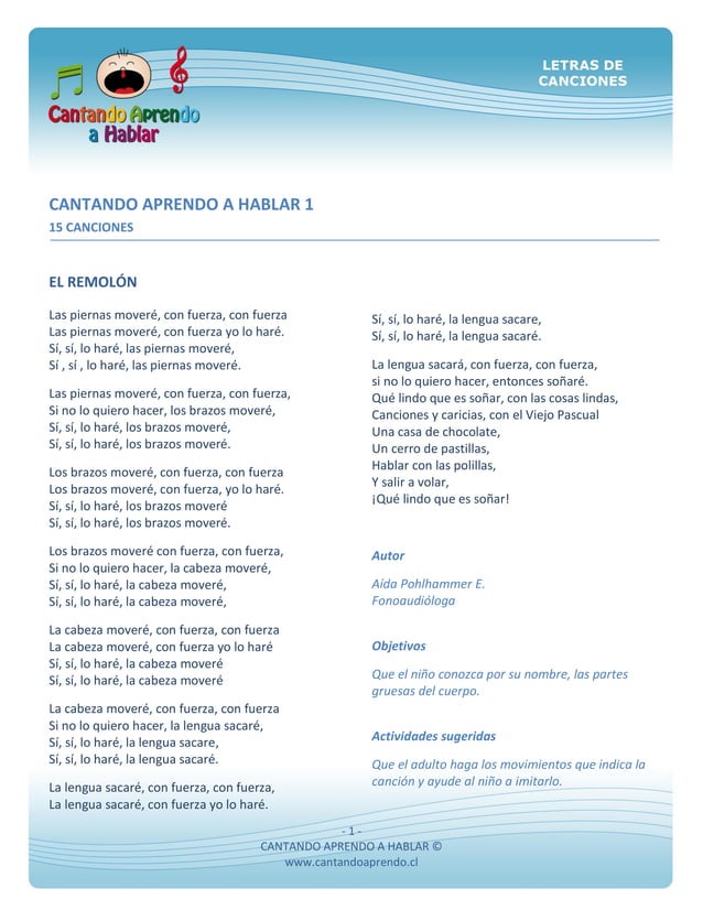 Letras de canciones cantando aprendo hablar | PDF | Children\'s Music ...