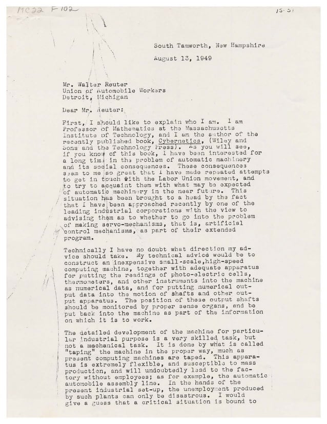 Letter from Norbert Wiener to Walter Reuther, August 13, 1949 | PDF