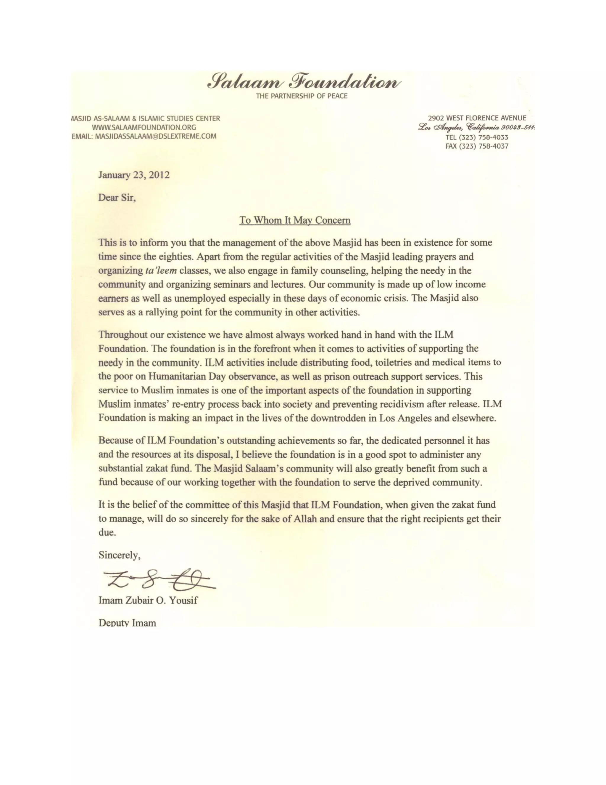 Masjid Salaam - Endorsement Letter - Los Angeles | PDF