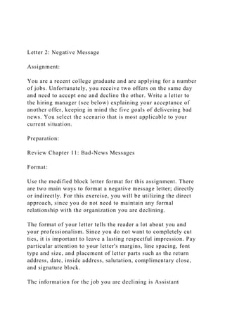 Letter 2 Negative MessageAssignmentYou are a recent co.docx