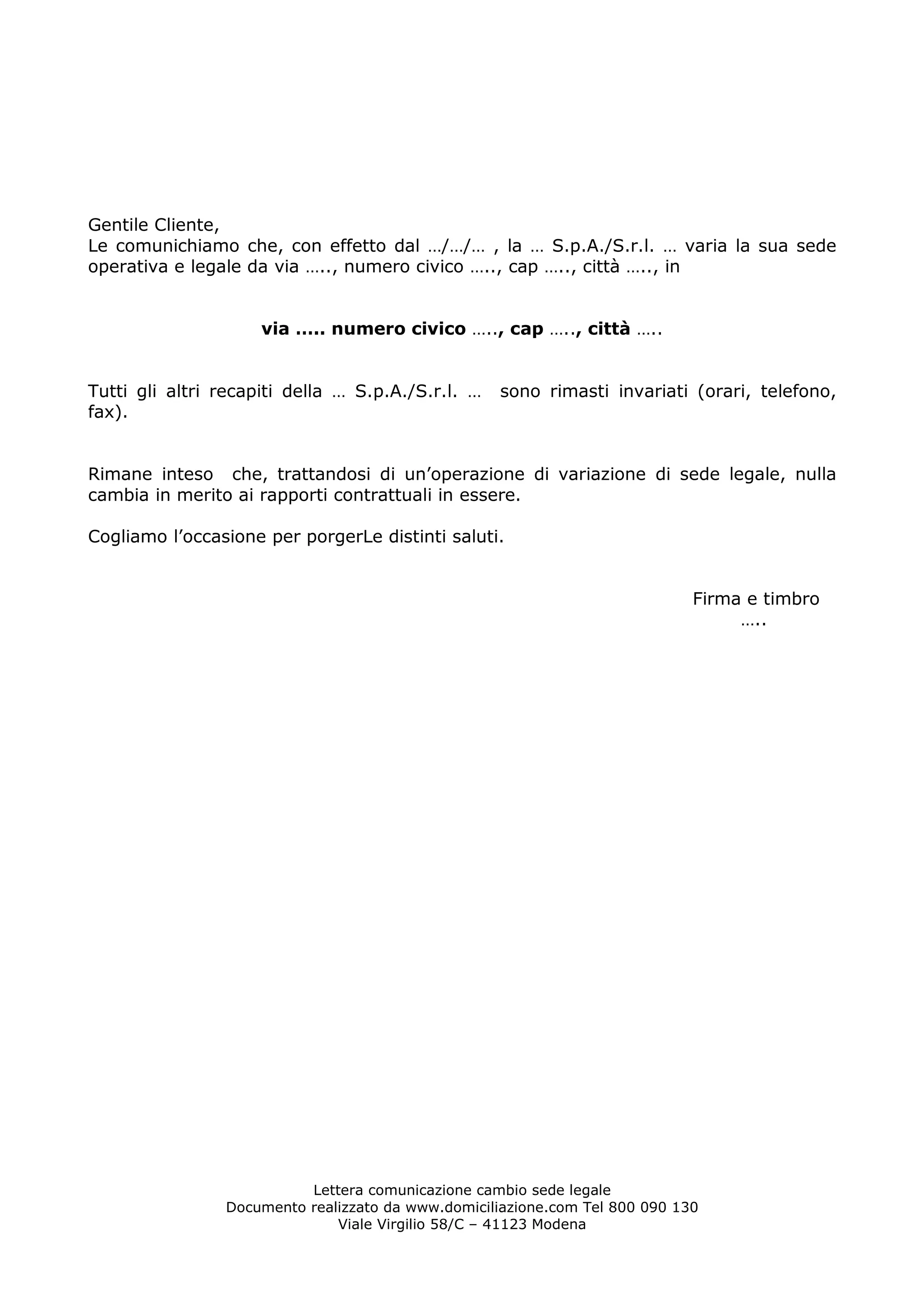Modello lettera cambio sede legale | PDF