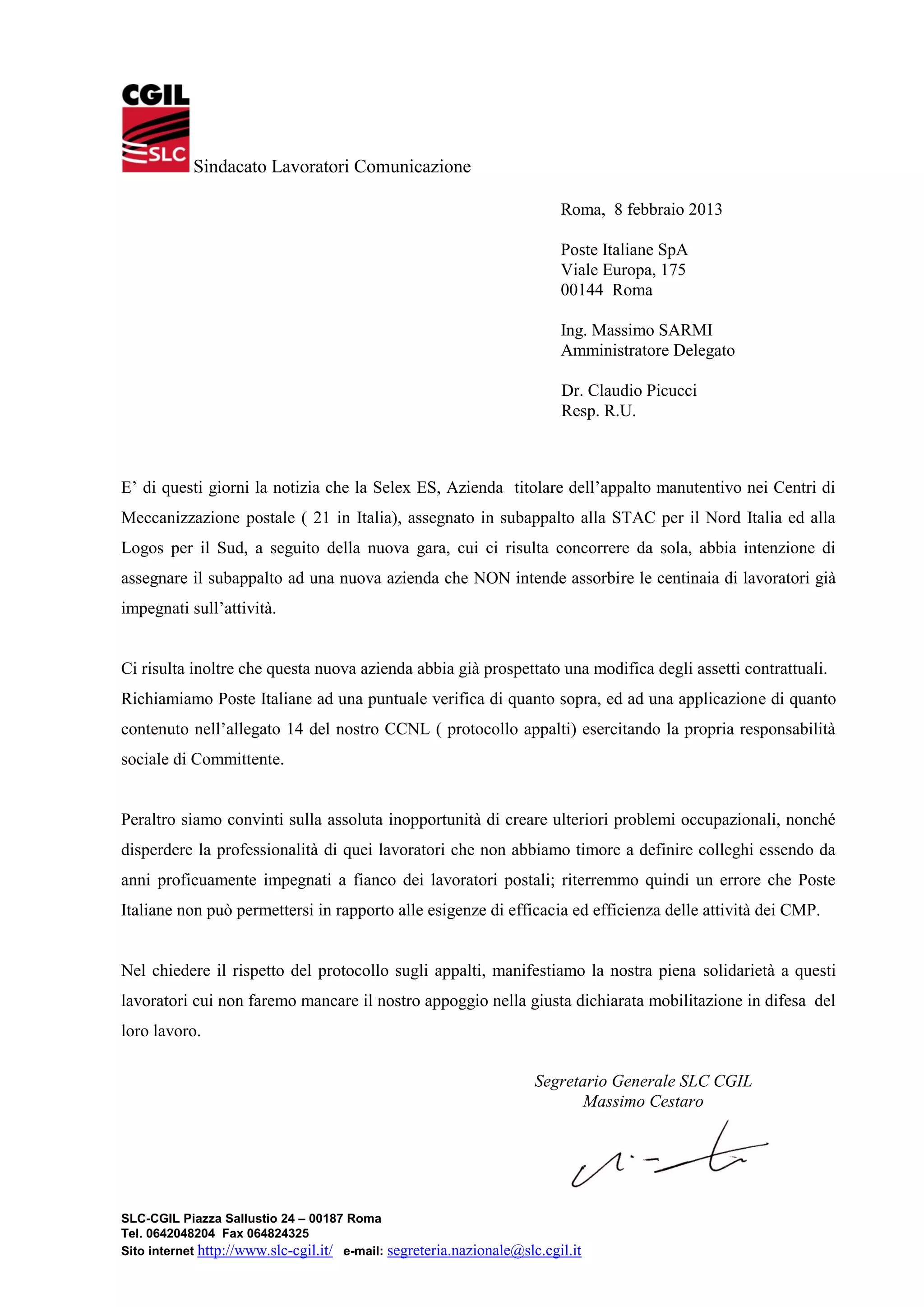 Lettera appalti a.d. sarmi e r.u. picucci | PDF
