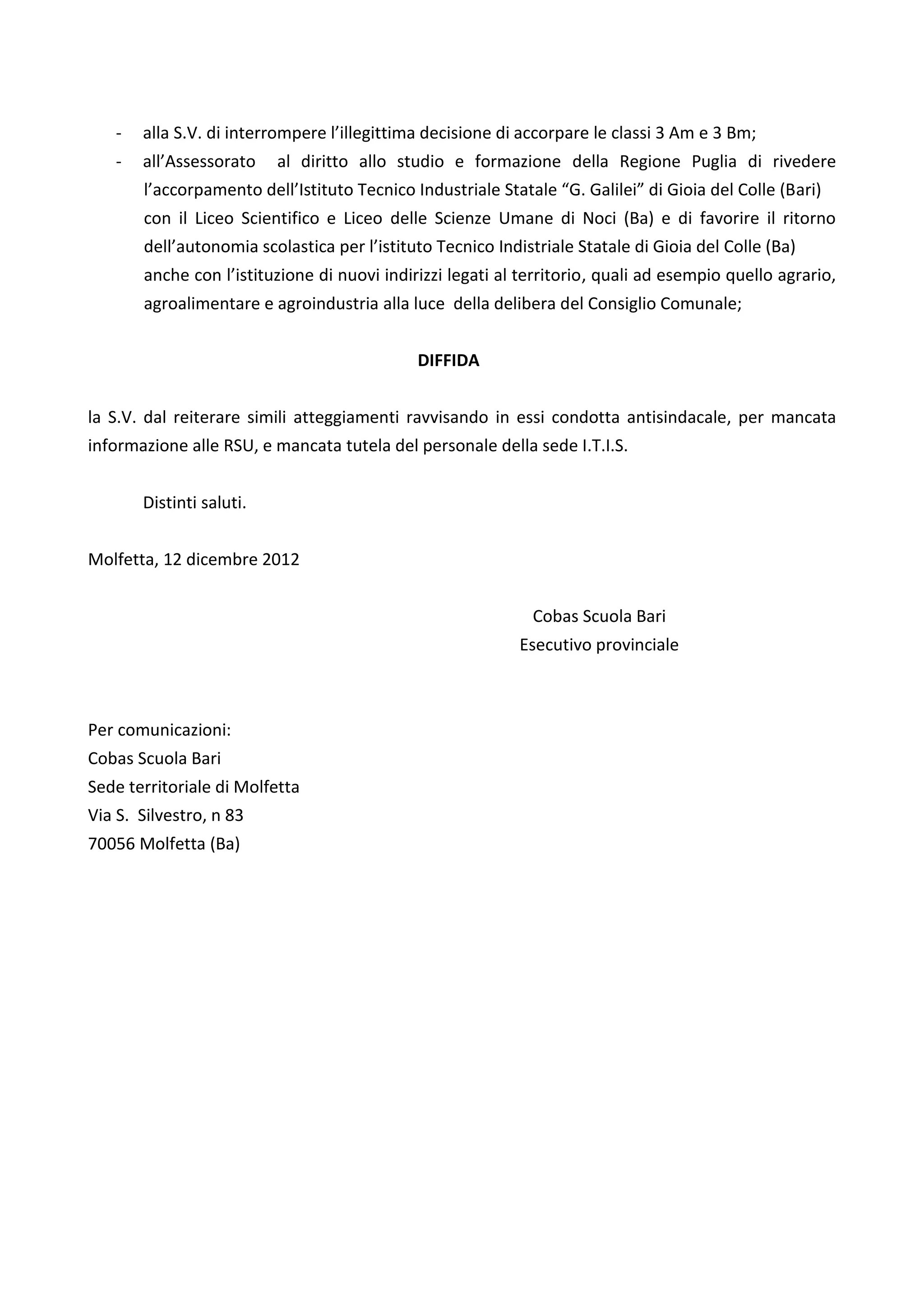 Lettera diffida itis gioia finale | PDF