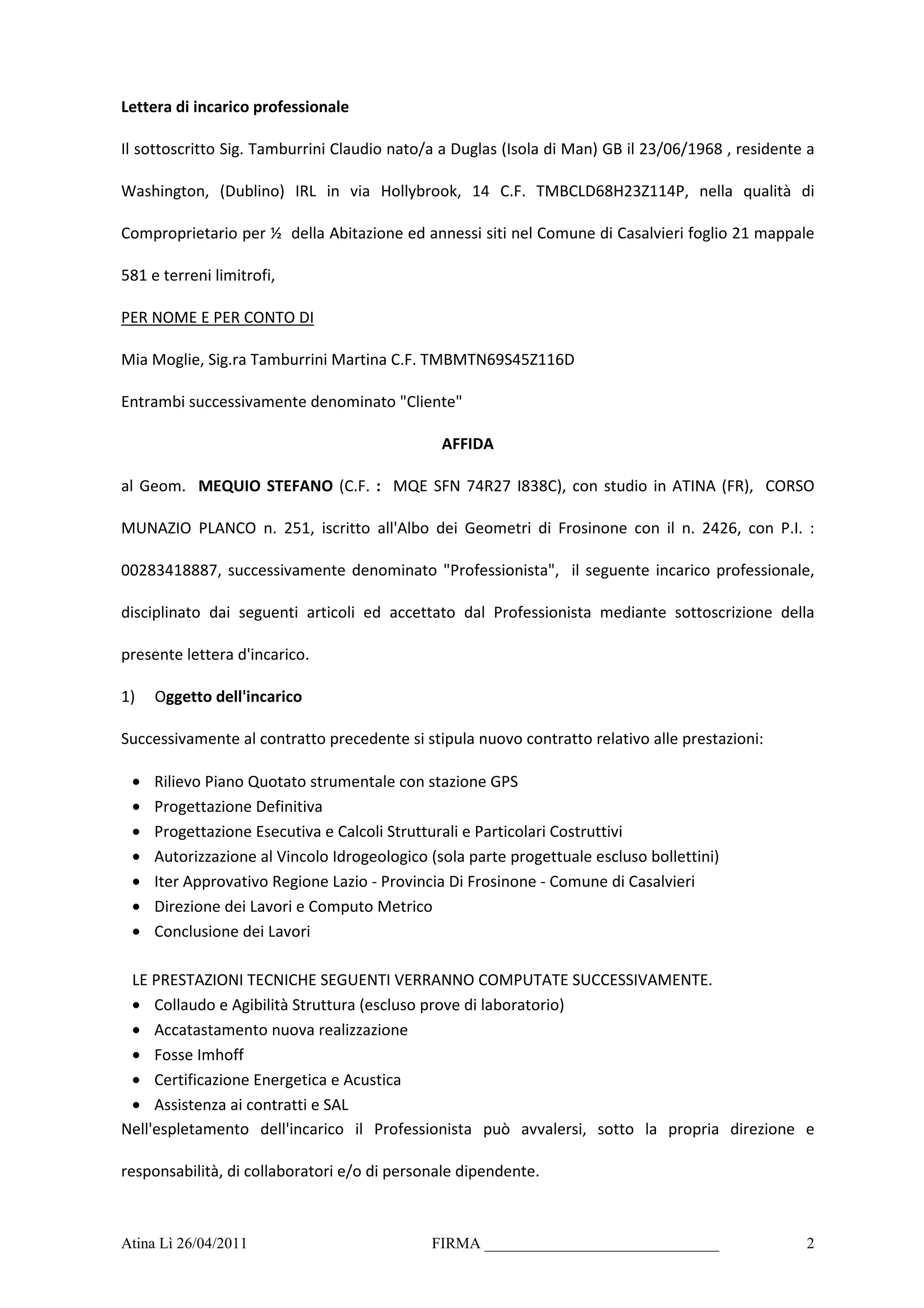 Lettera incarico professionale 26.4.11