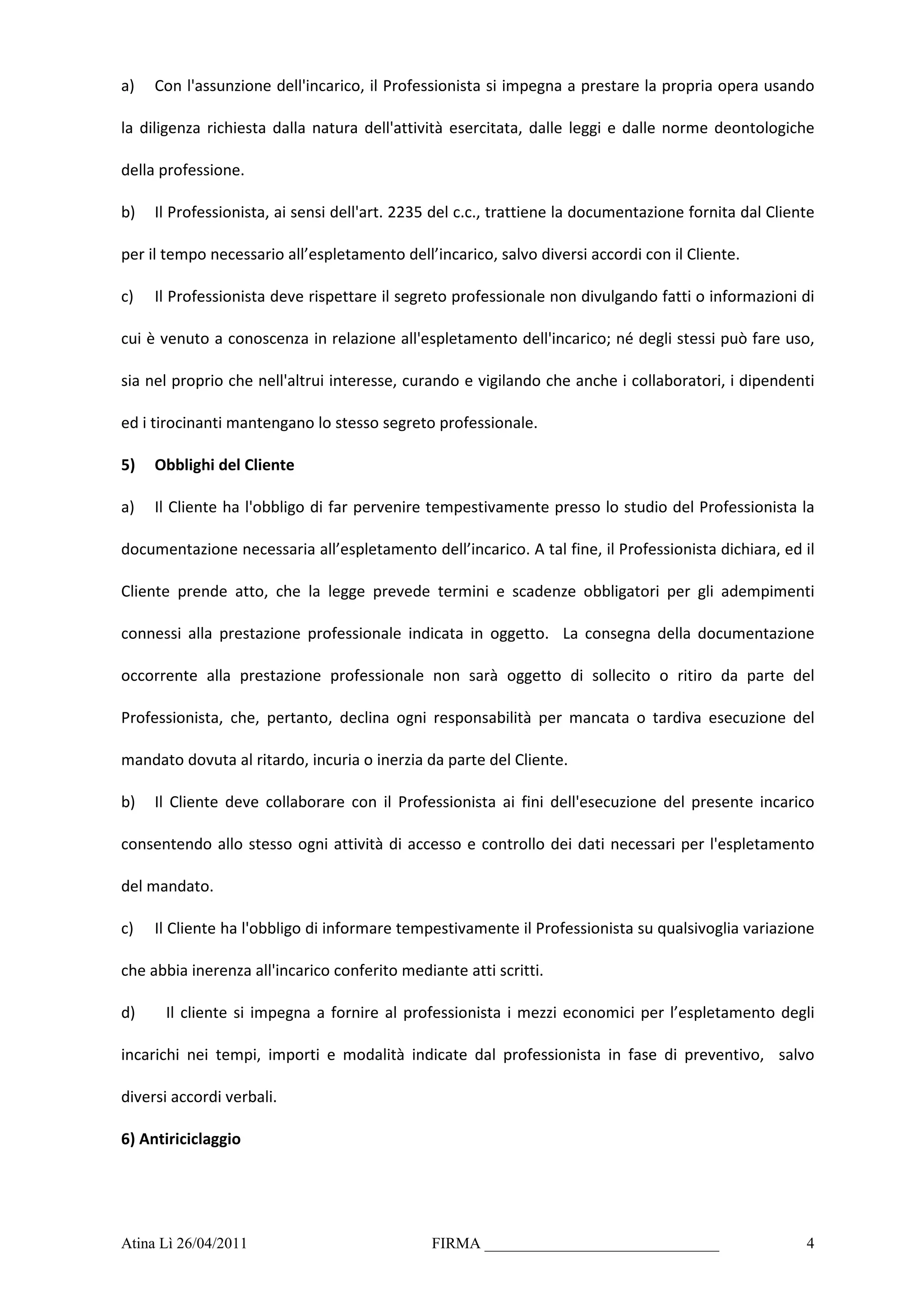 Lettera incarico professionale 26.4.11