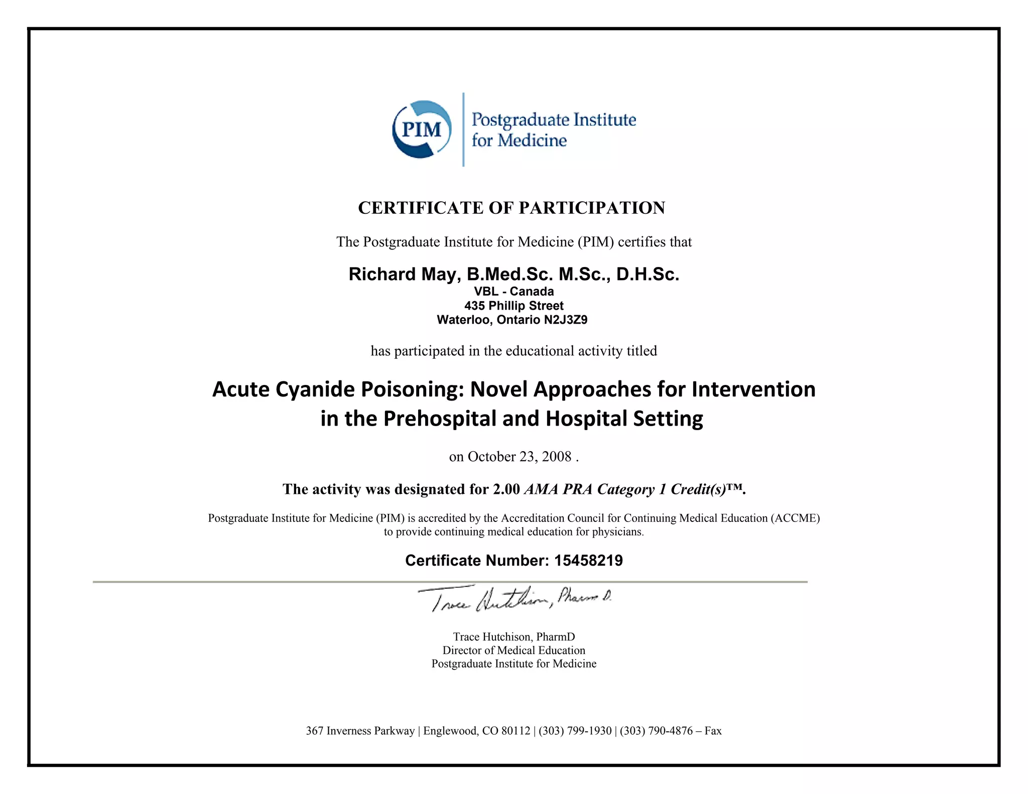 Letter And Certificate Of Completion Acute Cyanide Poisoning Novel ...