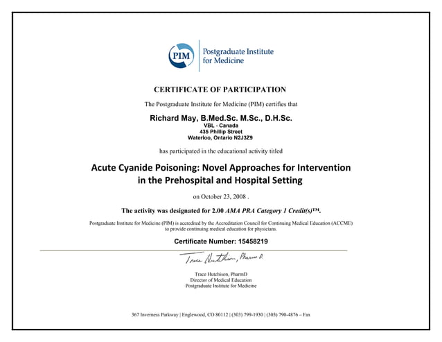 Letter And Certificate Of Completion Acute Cyanide Poisoning Novel ...