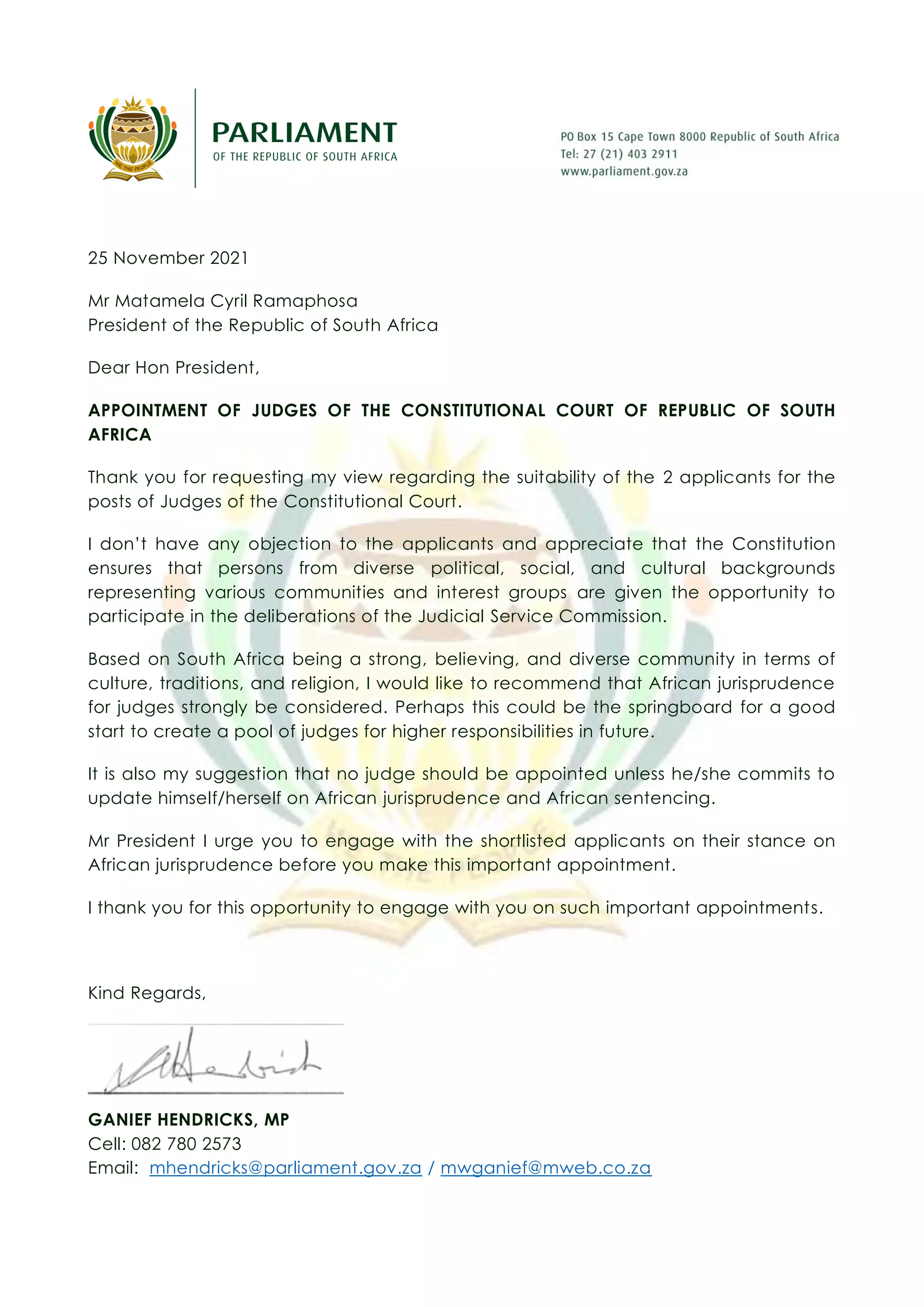 Letter appointment of judges of constitutional court rsa | PDF