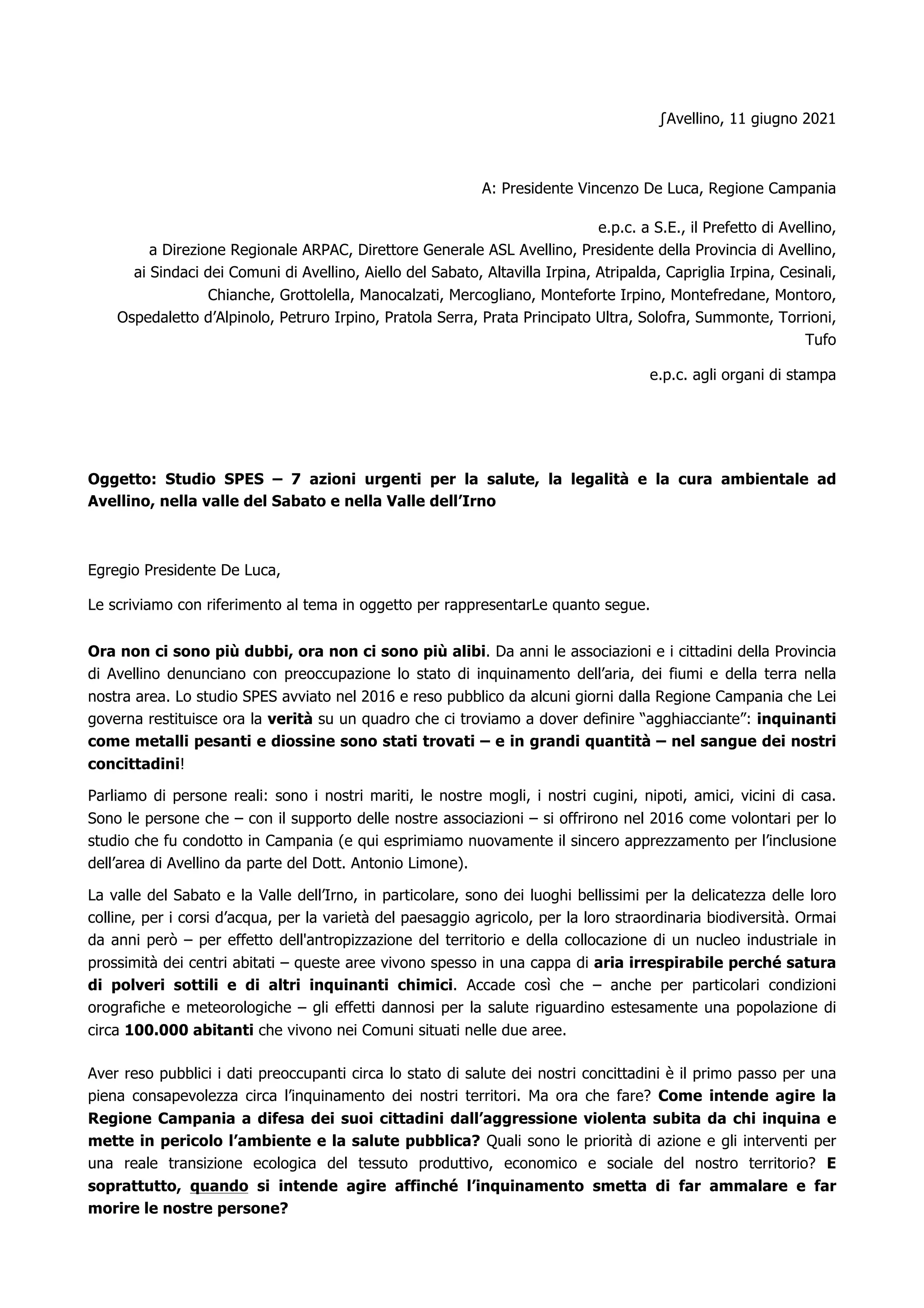 Lettera a Regione Campania - Studio SPES | PDF