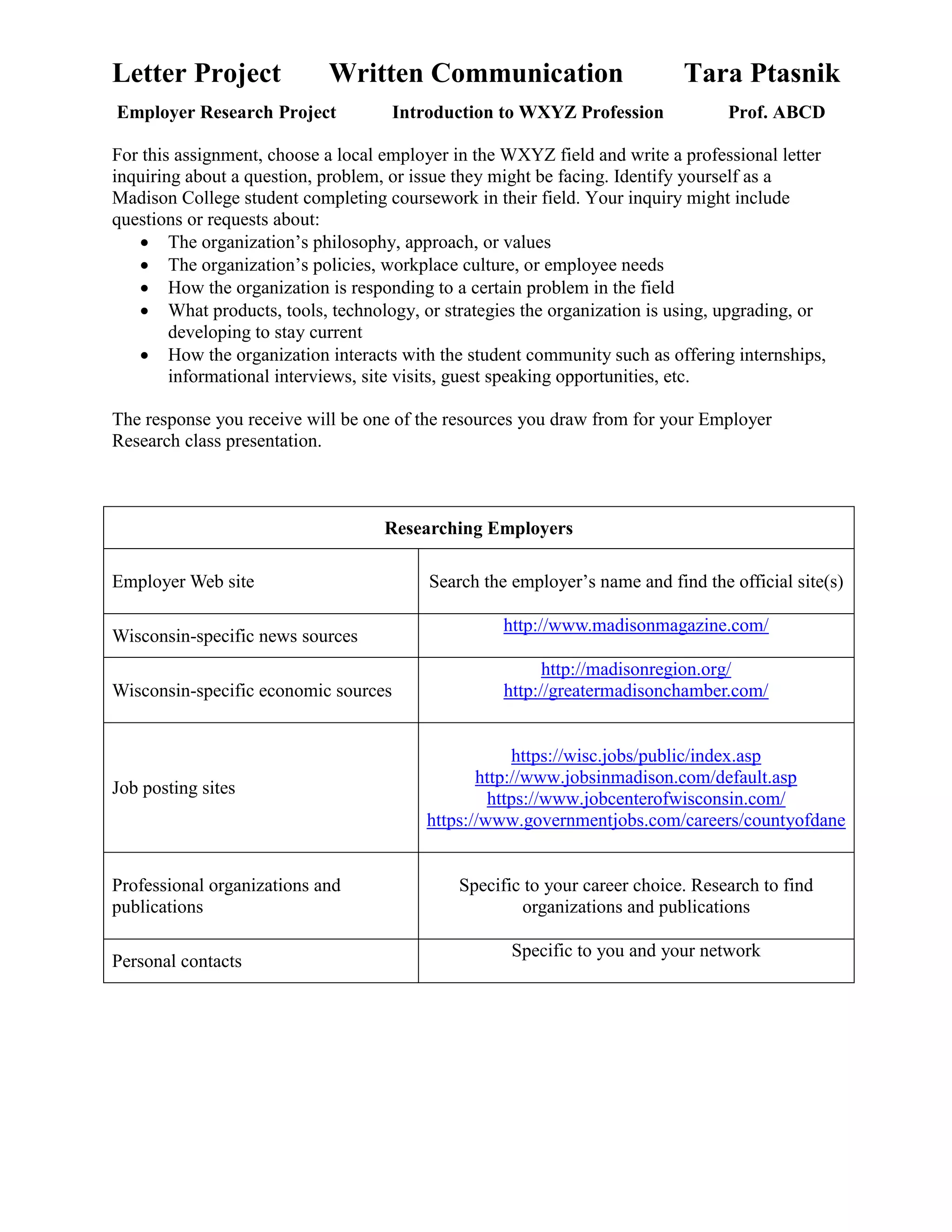 Letter assignment employer research scenario | PDF