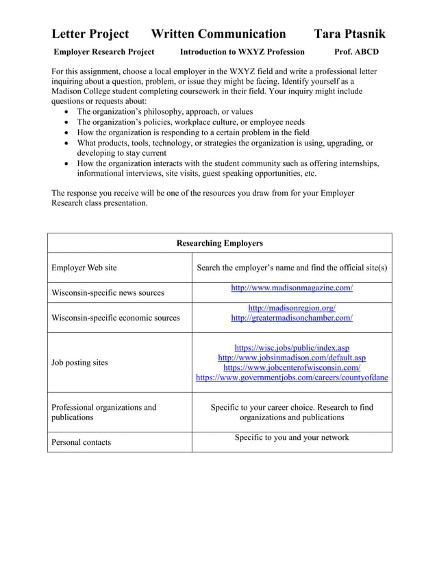 Letter assignment employer research scenario | PDF | Resume Writing and ...