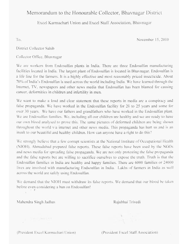 Letter by the endosuflan workers in protest of the ban | PDF