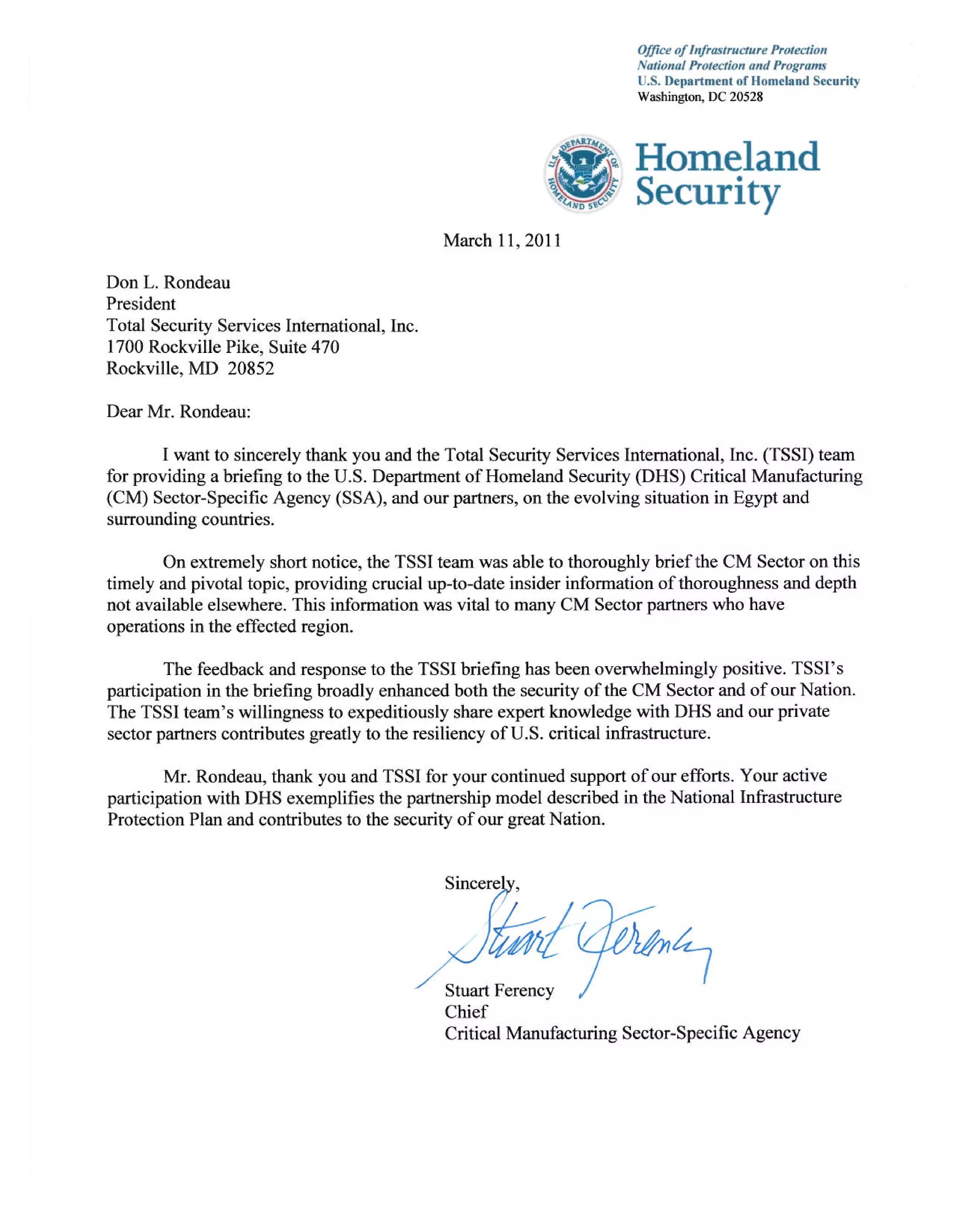 Don L. Rondeau - DHS Letter of Appreciation Egypt | PDF | Political ...