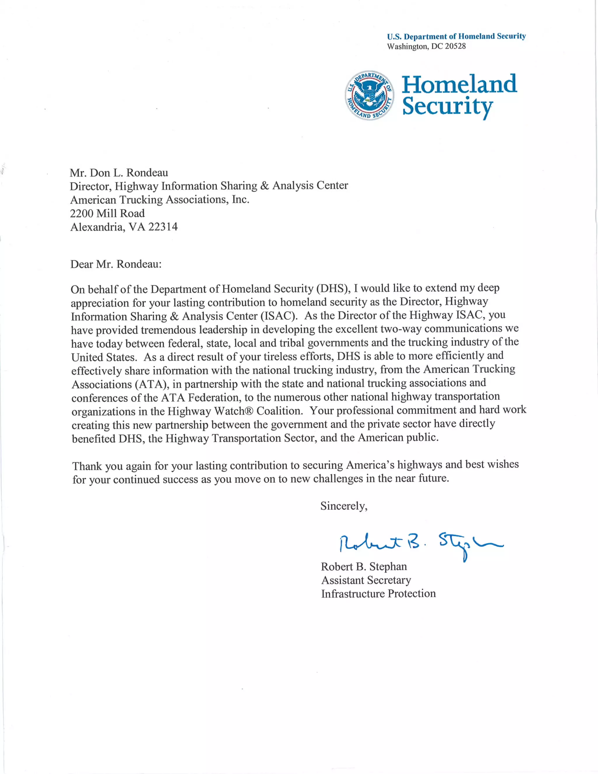 Don L. Rondeau - Letter of Appreciation DHS Under Secretary | PDF