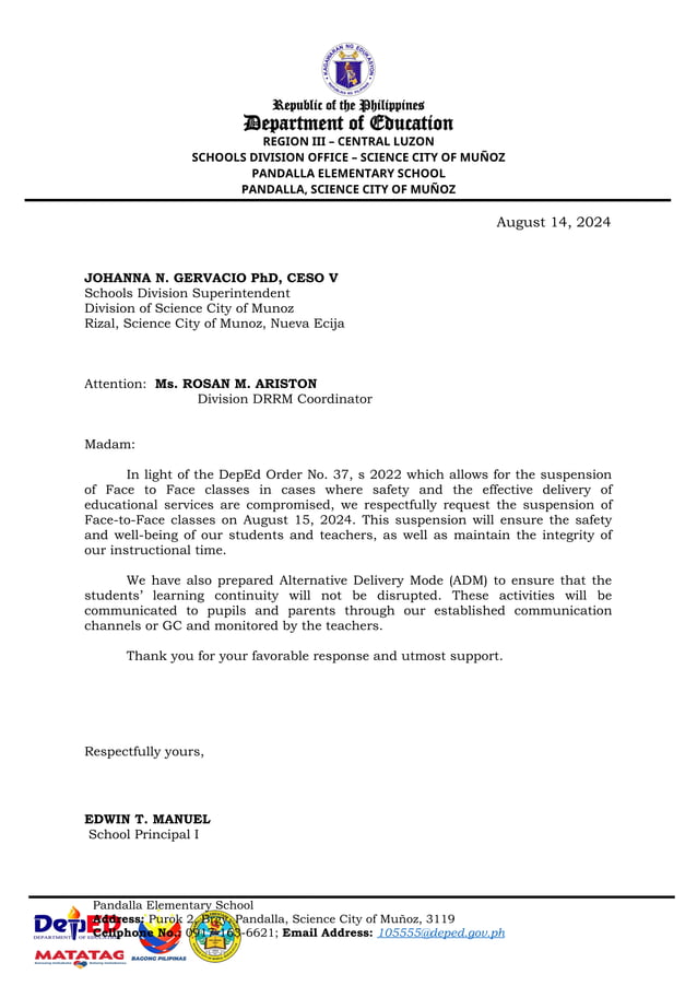 Letter for Suspension of Classes for Power Interruption.docx