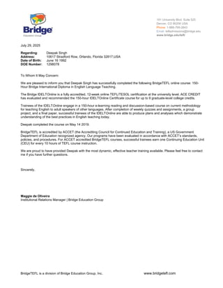 Letter from Bridge Education Group to Florida Department of Education ...