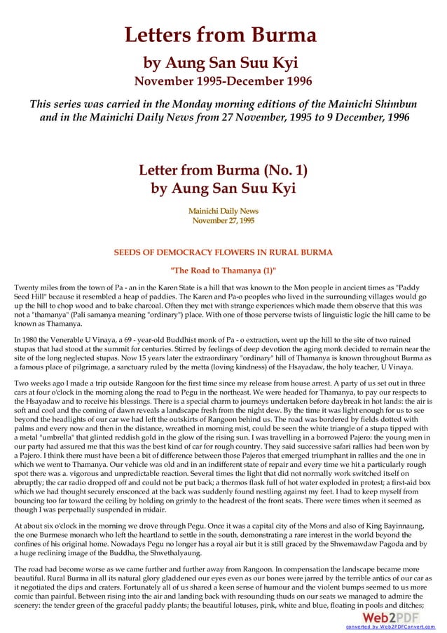 Letters from Burma Letter by Aung San Suu Kyi -SEEDS OF DEMOCRACY ...