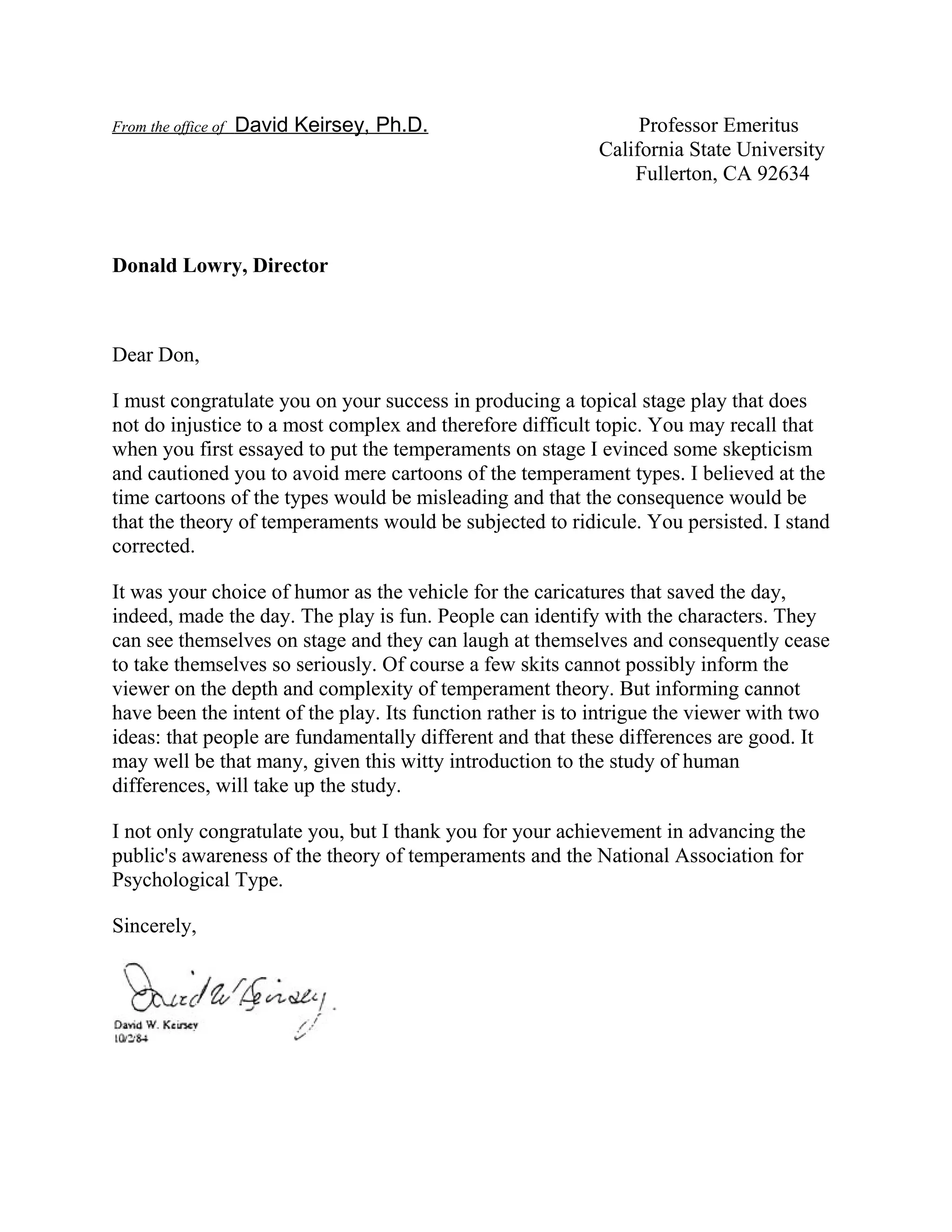 True Colors validated by David Keirsey in letter to Don Lowry | DOC ...