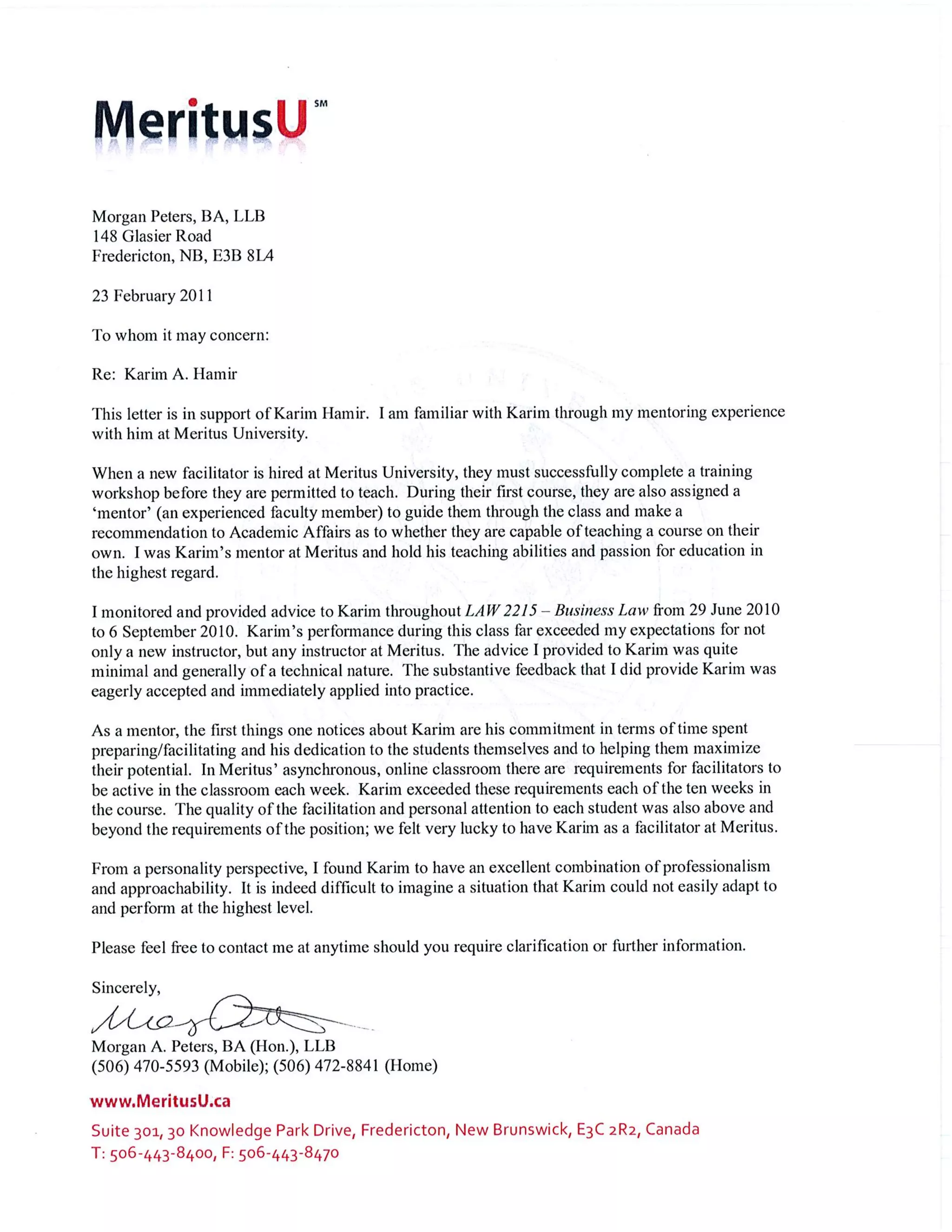 Karim Hamir Letter from morgan peters meritus university. copy | PDF