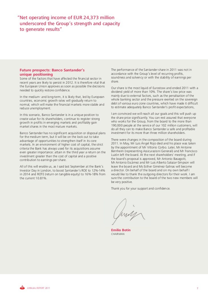 Annual Report 2011 Santander Bank Letter from the Chairman, Emilio Bo…