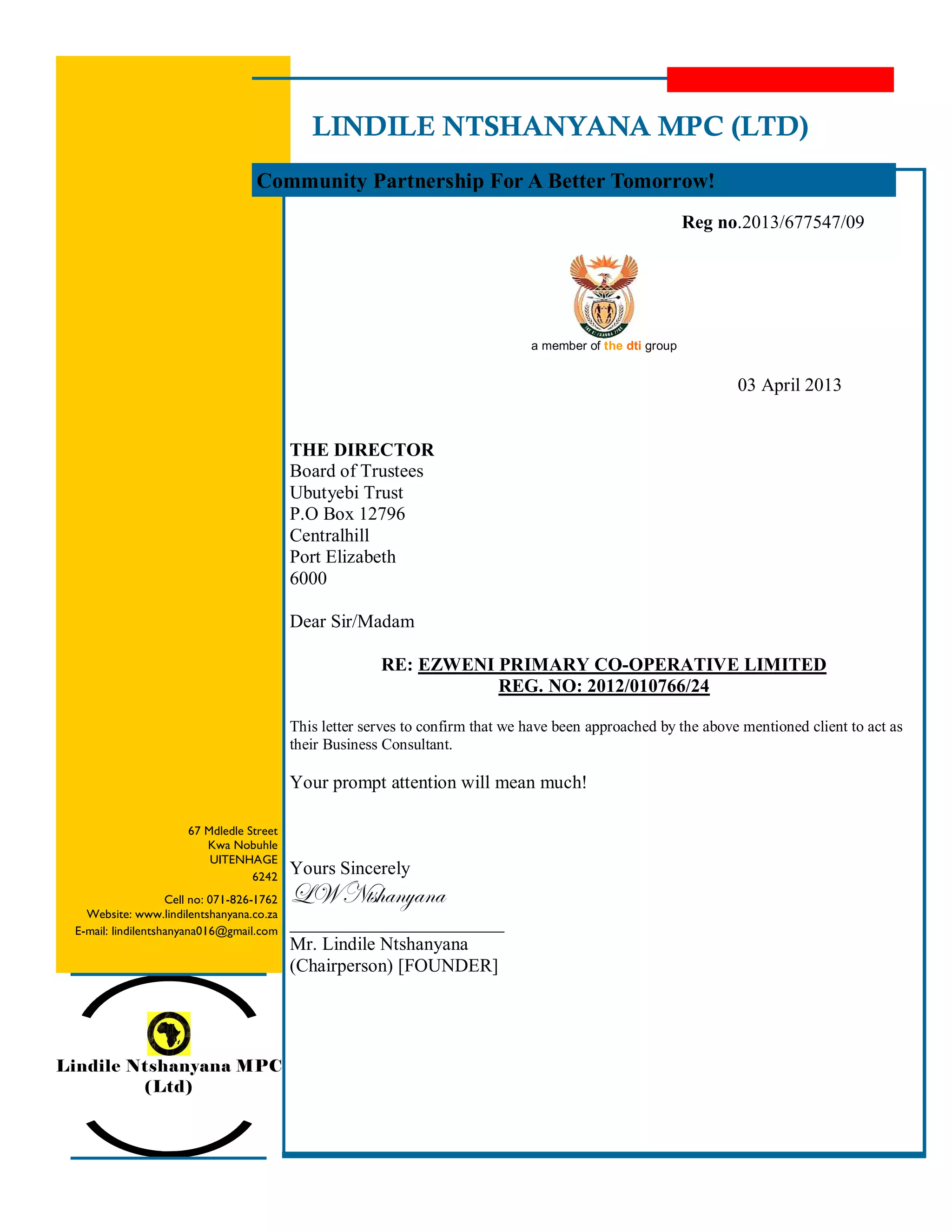 Letterhead of the lindile ntshanyana mpc 29 ltd ezweni letter2 doc1 | PDF