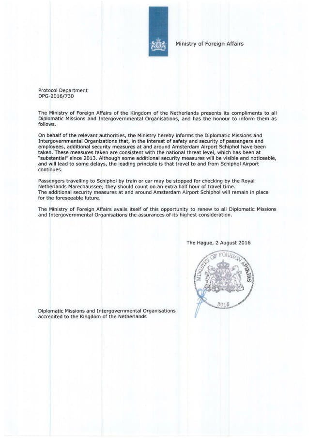 Letter Ministry of Foreign Affairs: Security Measures Schiphol | PDF