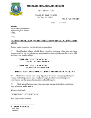 Letter mohon penyelengaraan air cond | DOC