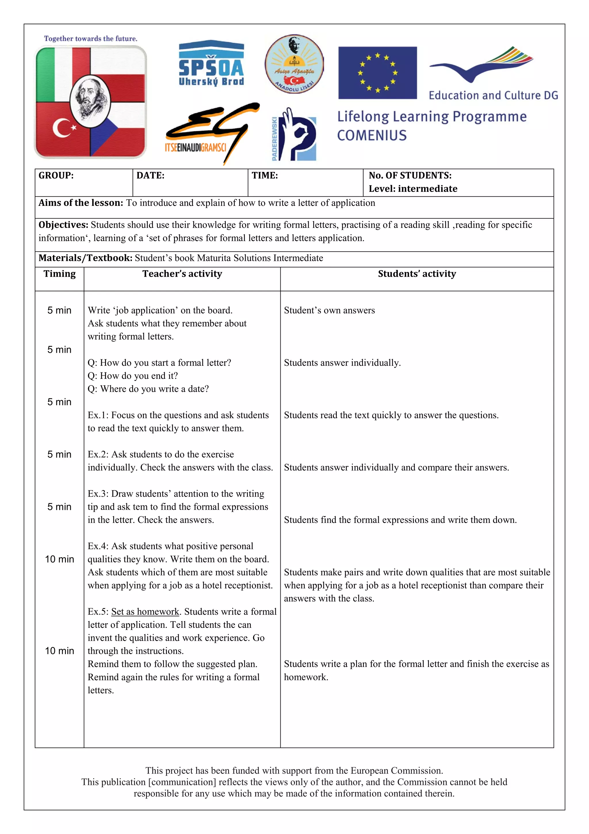 Letter of application - english language lesson plan Czech Republic | PDF