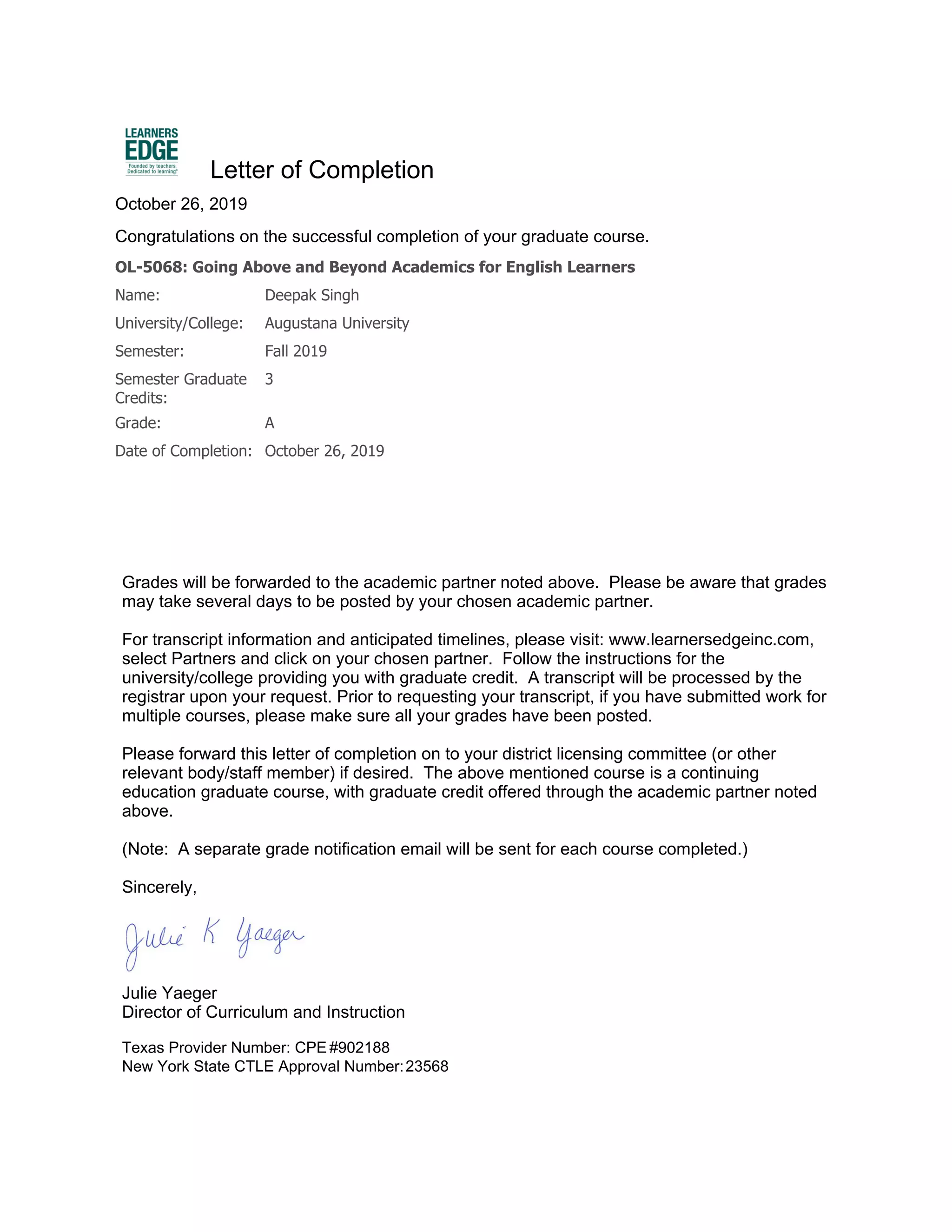 Letter of Completion Going Above and Beyond Academics for English ...