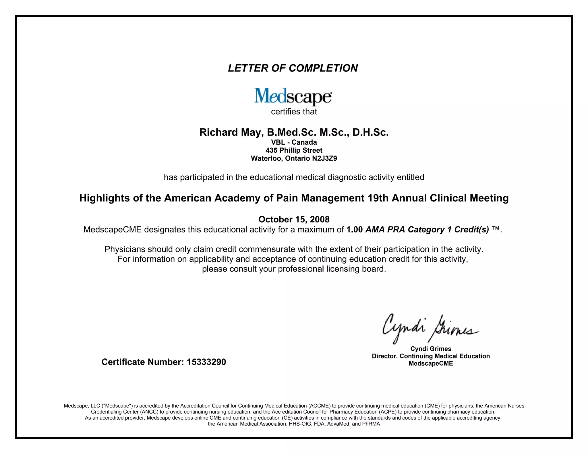 Letter Of Completion Highlights Of The American Academy Of Pain ...