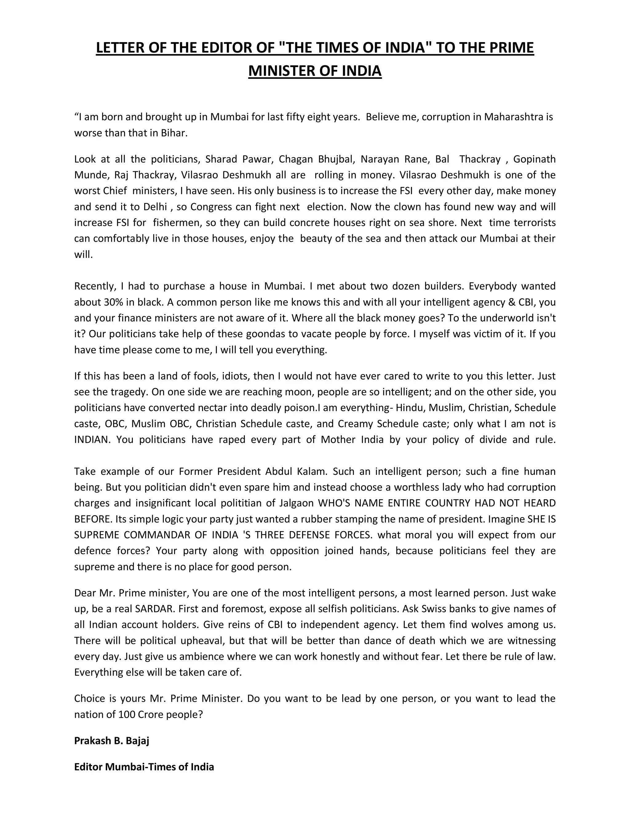 Letter of Editor to Prime Minister | PDF
