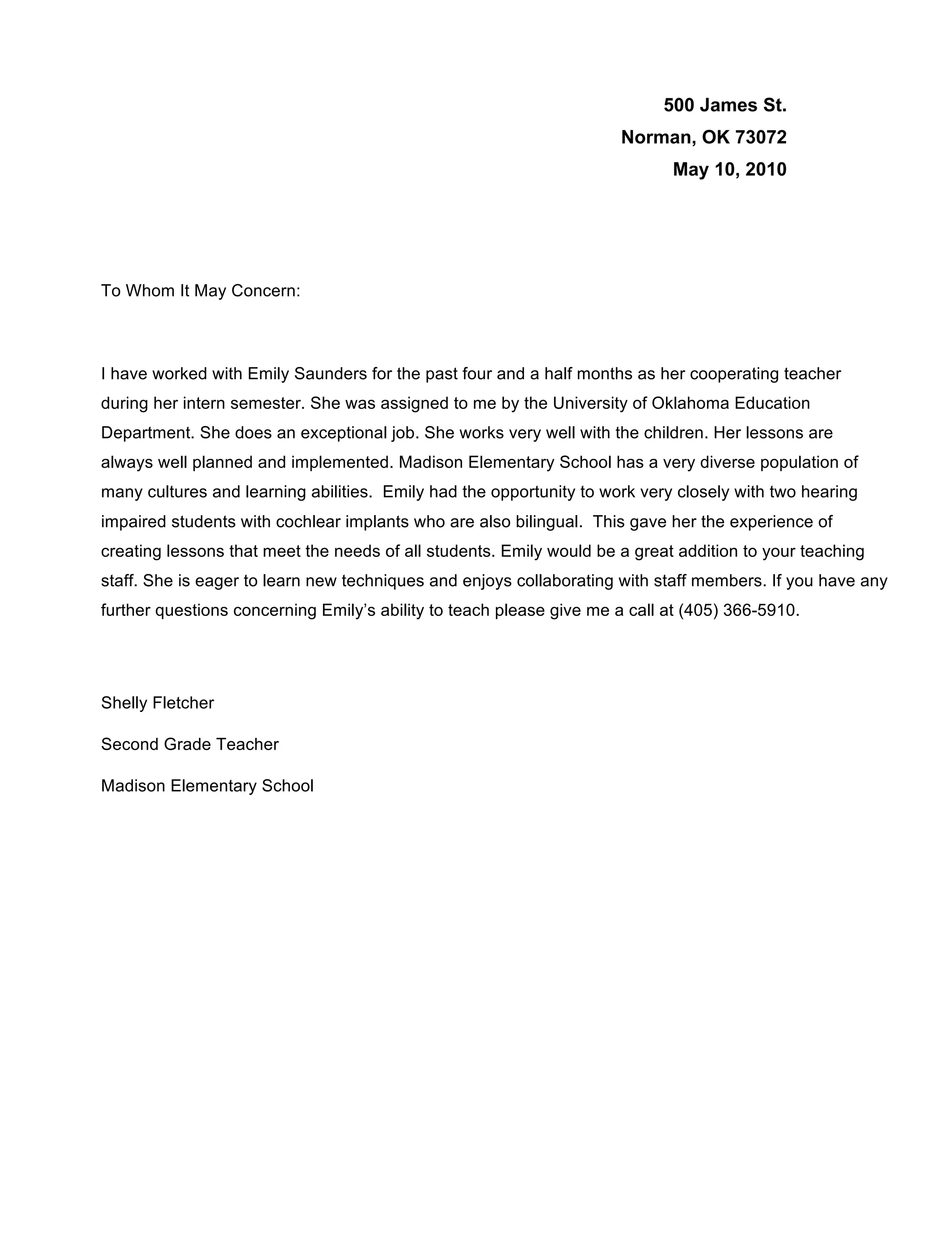 Shelly Fletcher Letter of Recommendation | PDF