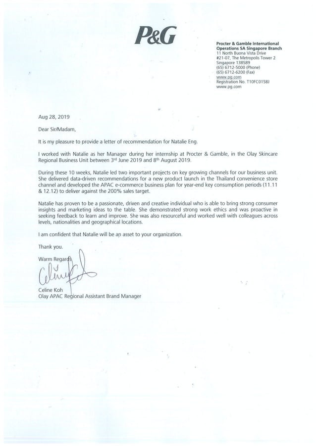 Letter of Recommendation - Procter & Gamble | PDF