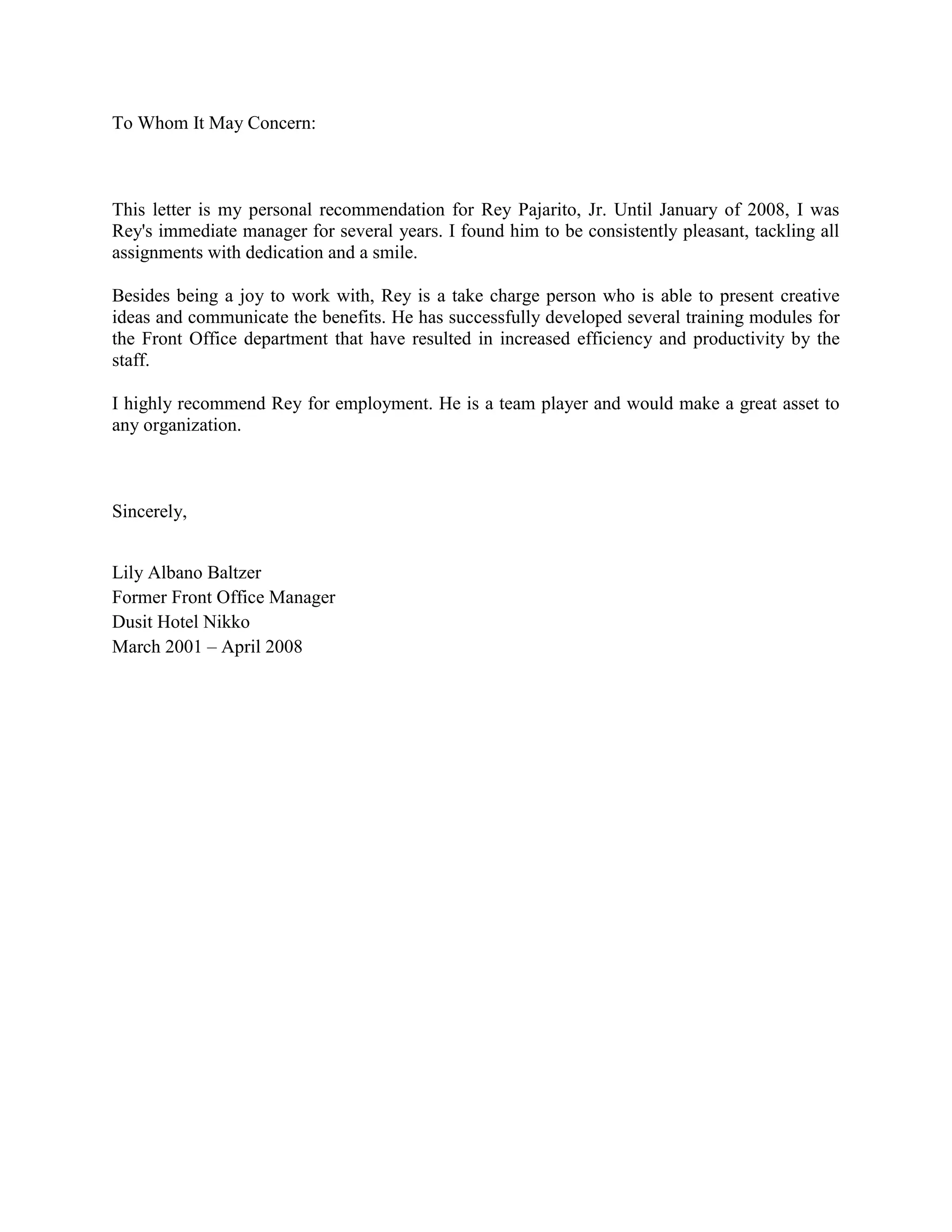 Letter Of Recommendation From Ms. Lily Albano-Baltzer, Front Office ...