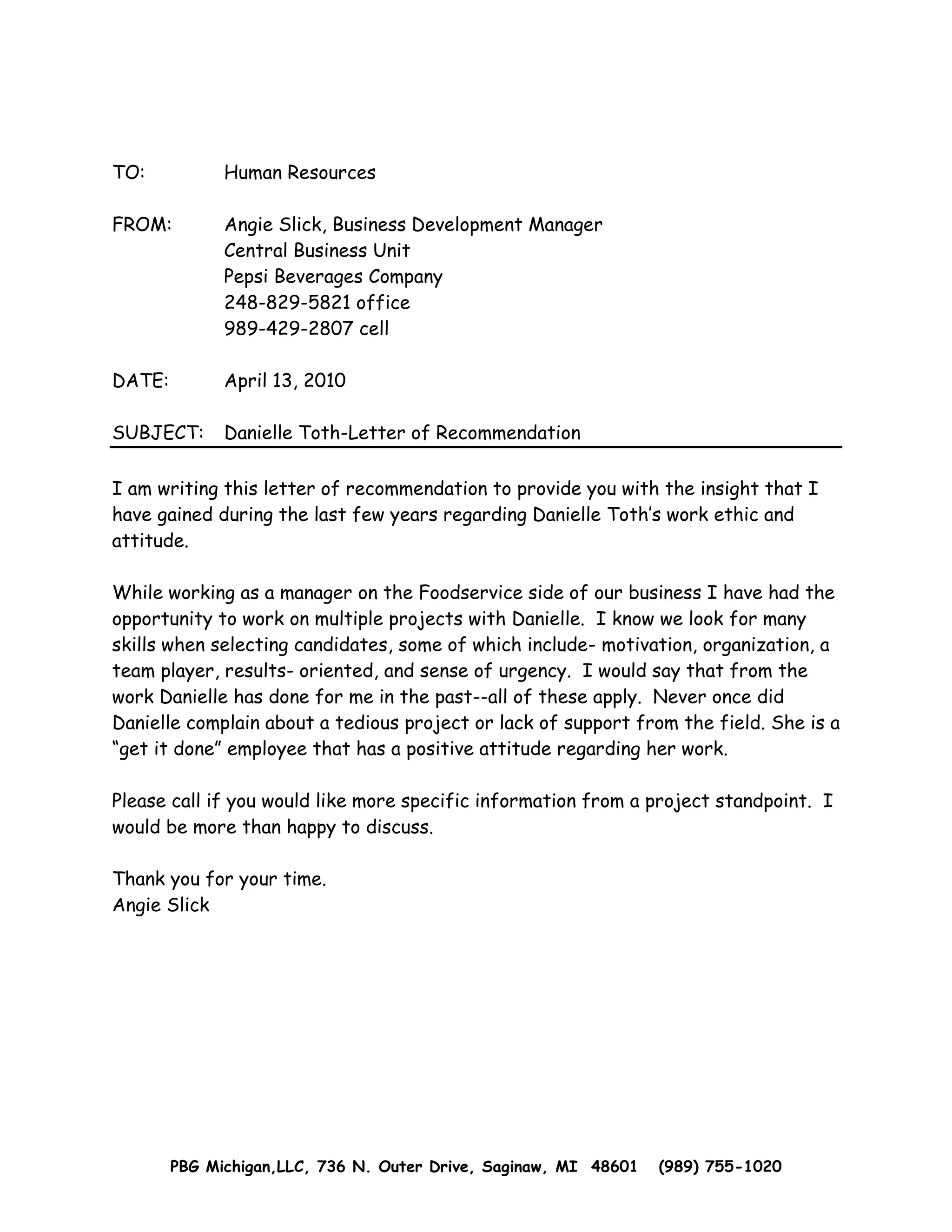 Letter Of Recommendation From Angie Slick | PDF