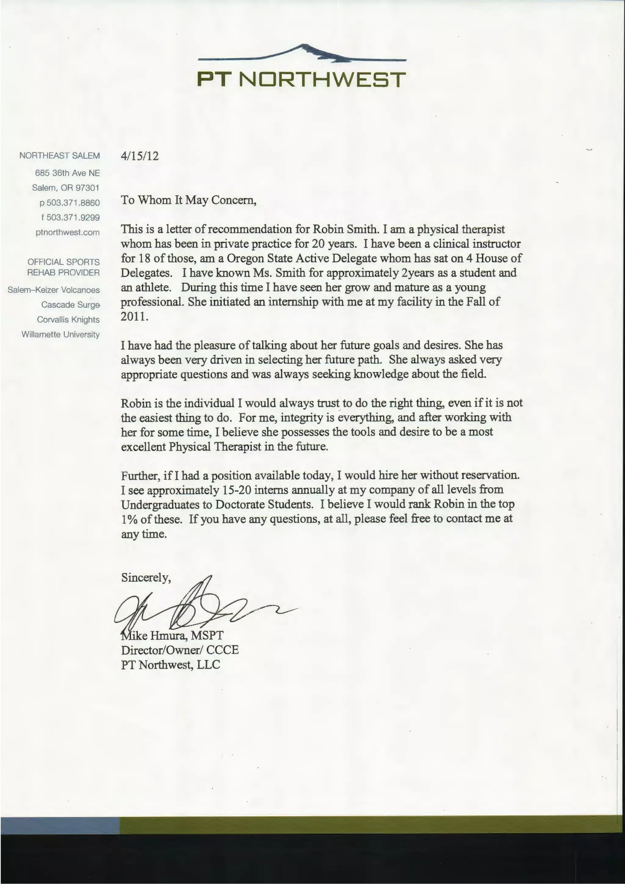 Letter of Recommendation from PT Director | PDF