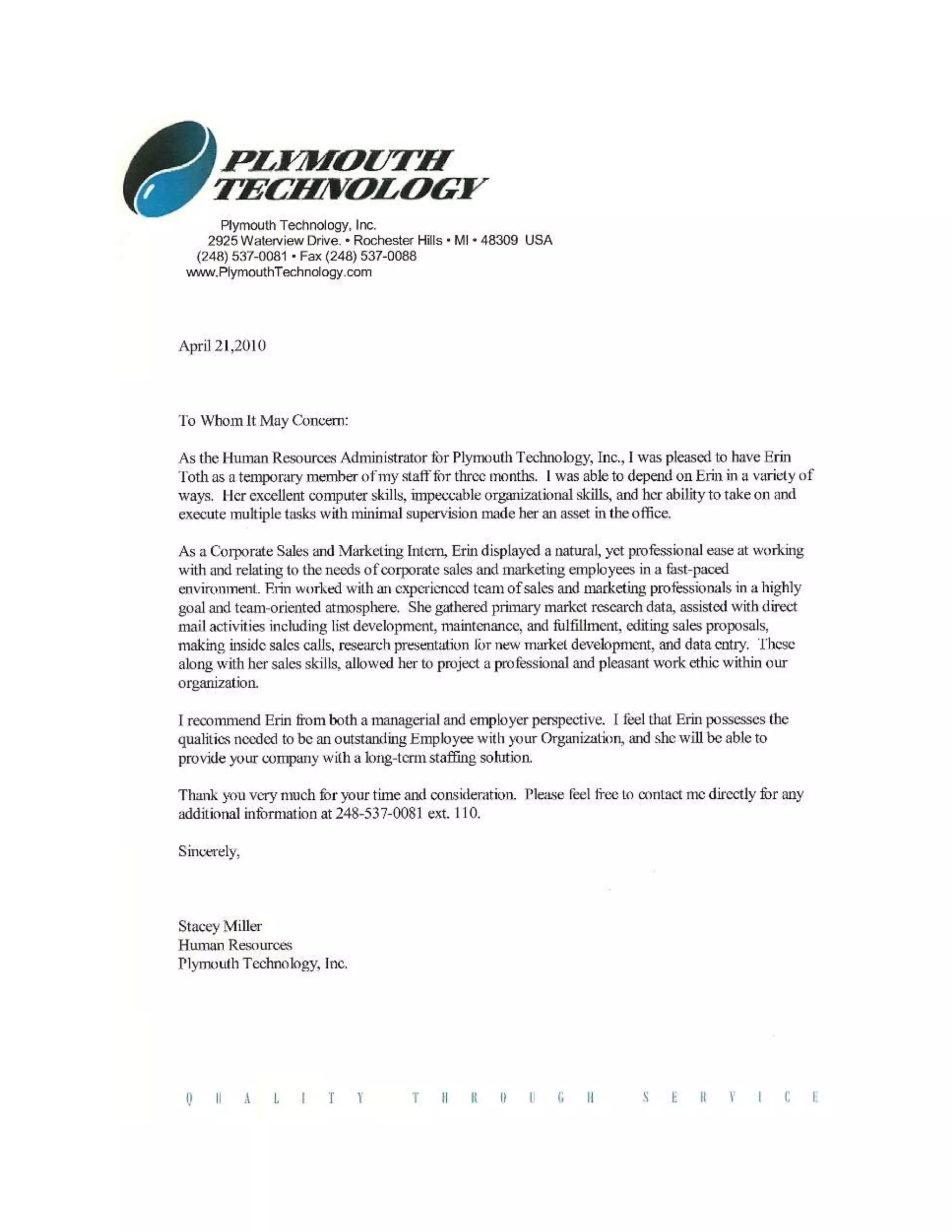 Letter Of Recommendation Plymouth Technology | DOCX