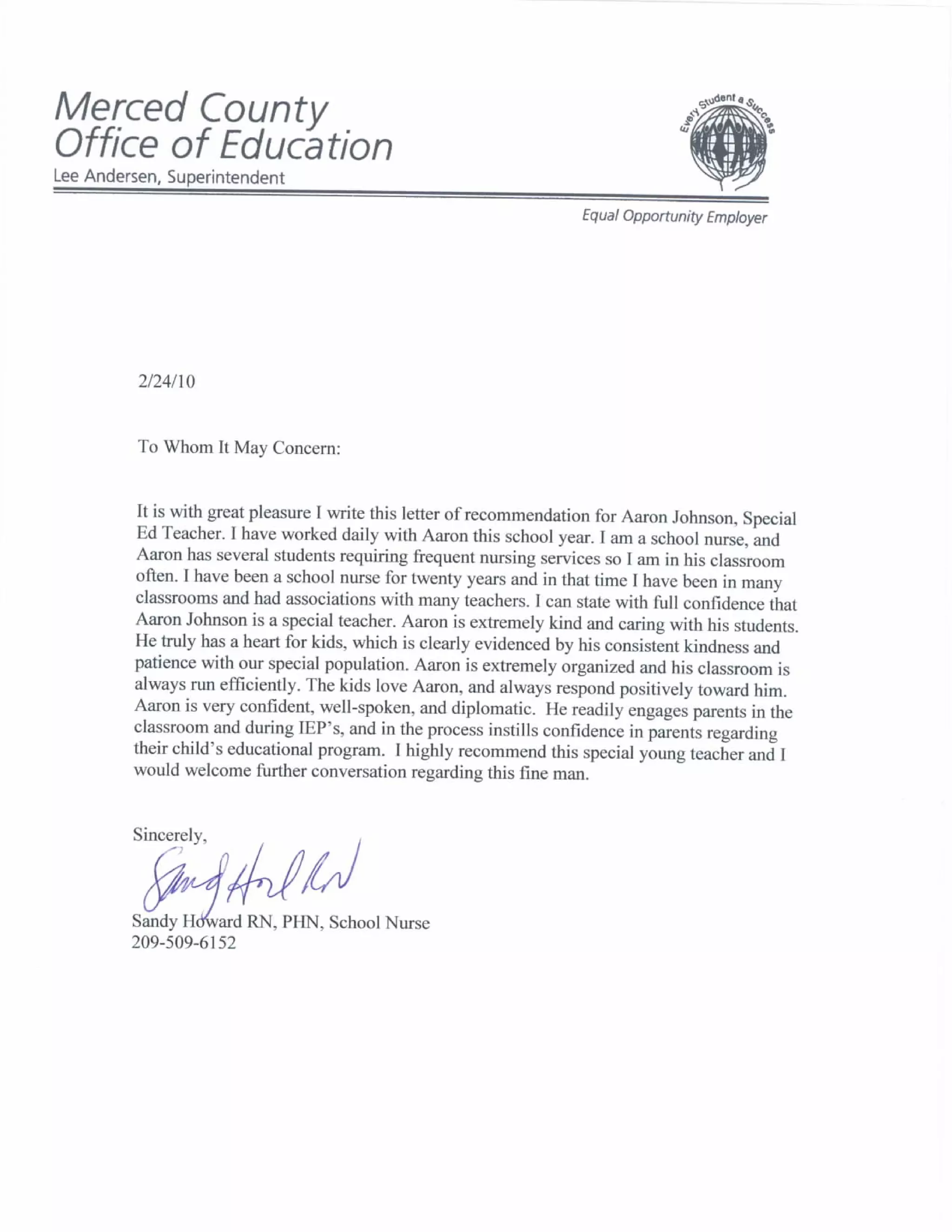 Letter of Recommendation Sandy Howard | PDF