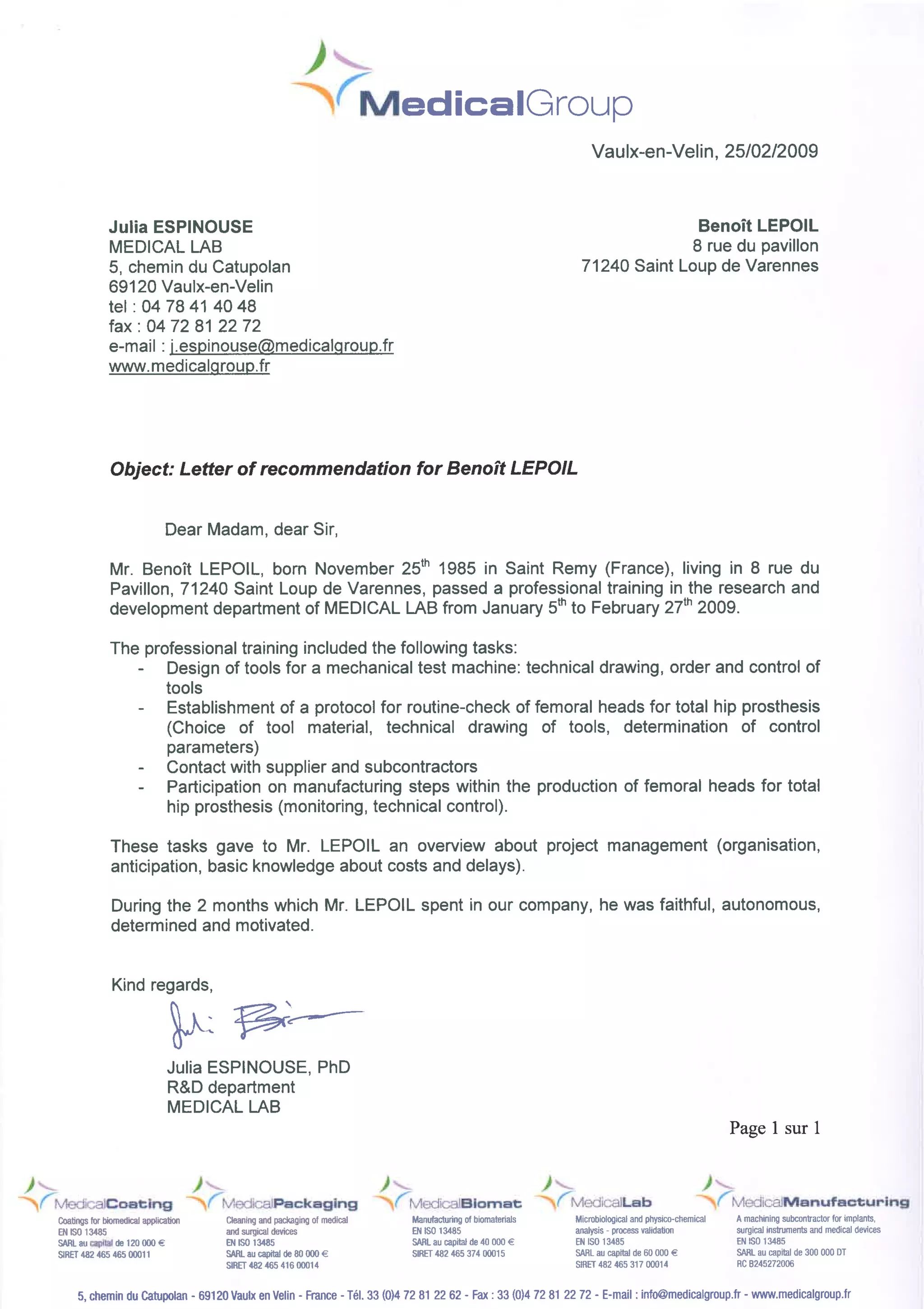 Letter of reference - Medical Group | PDF
