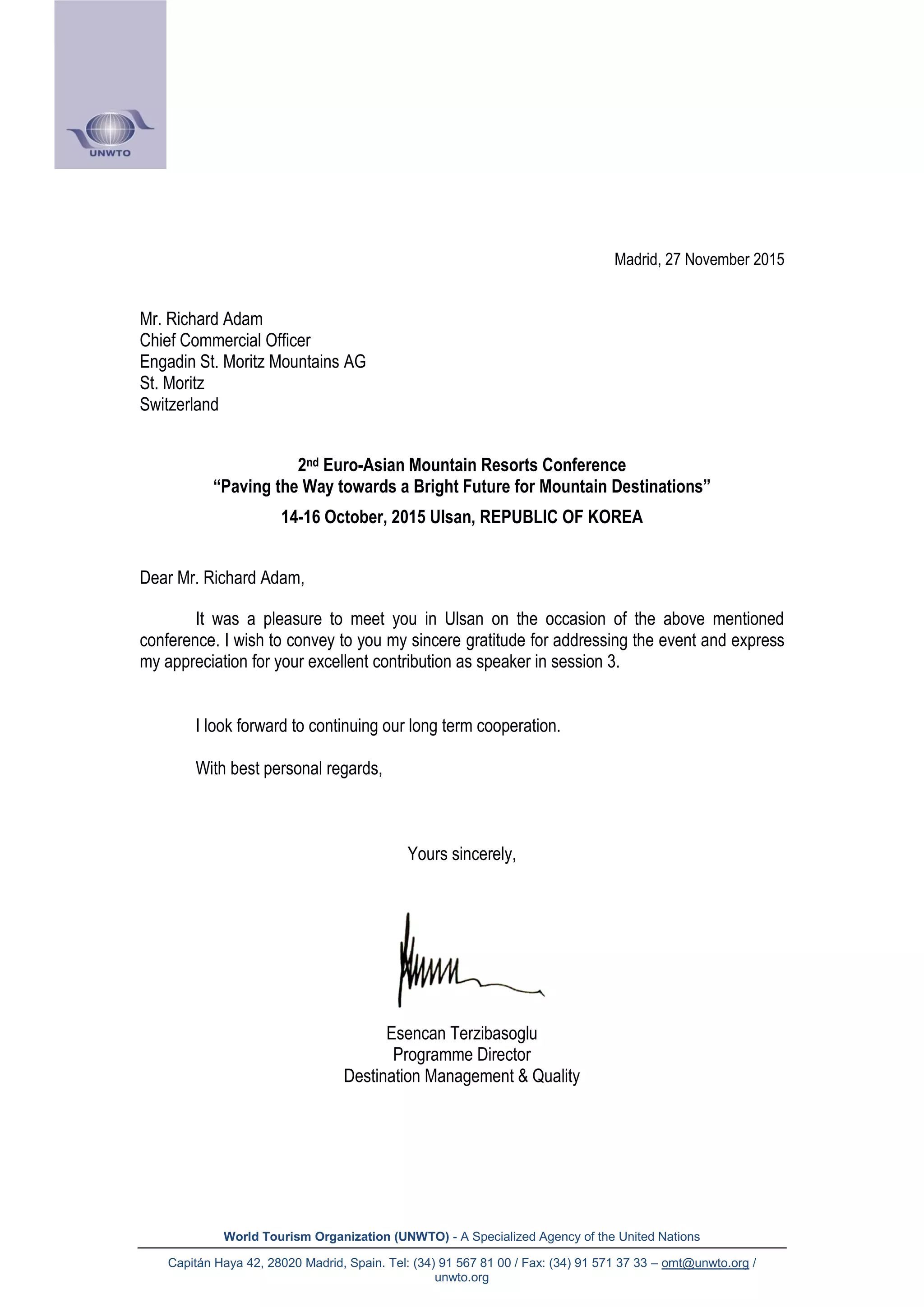 UNWTO Reference Letter Public Speaking UNWTO Mountain Resort Conference ...