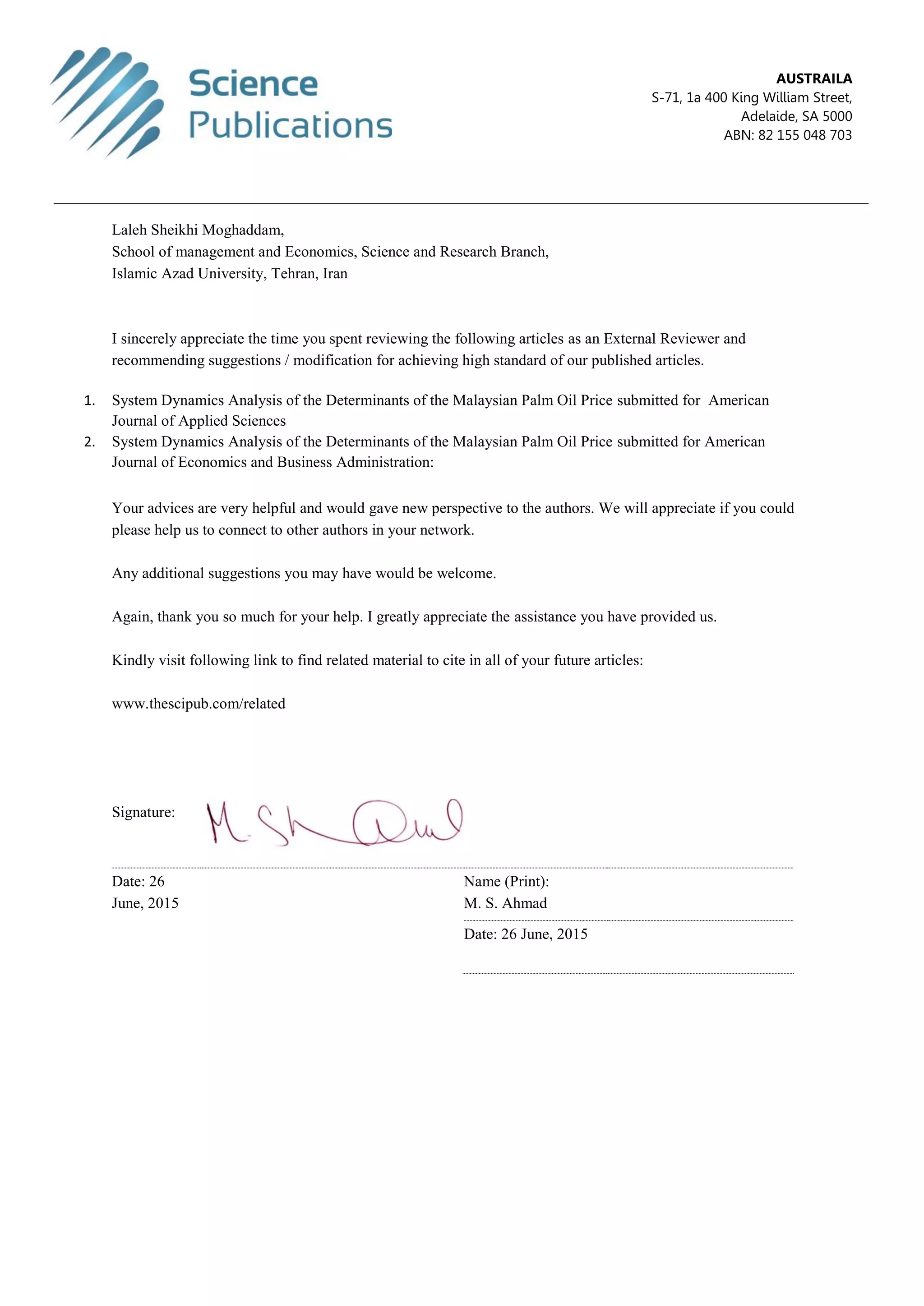 Letter of thanks to external reviewer | PDF